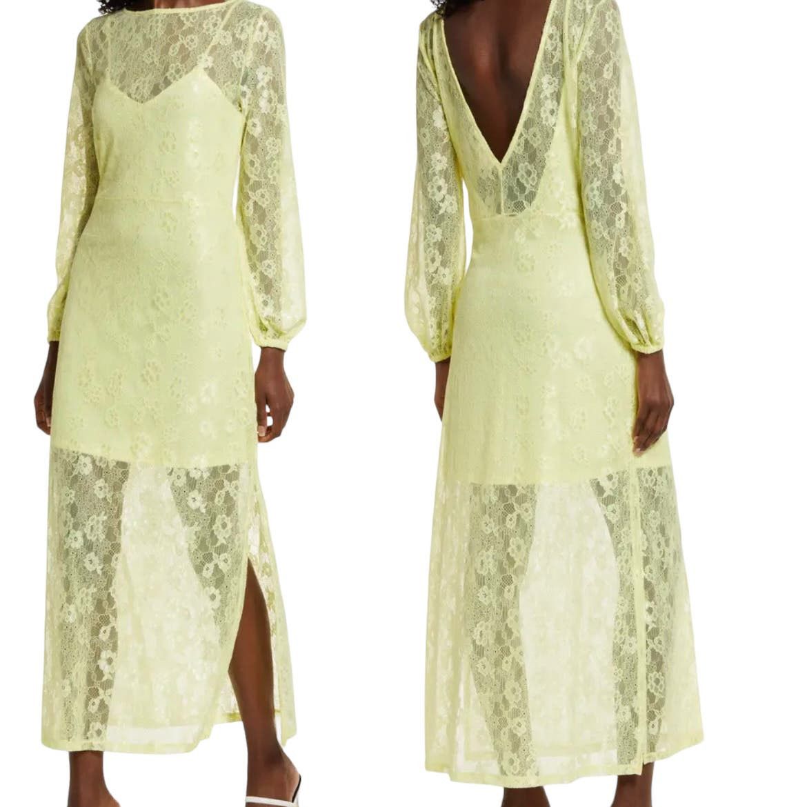 Nordstrom Sheer Lace Long Sleeve Deep V-Neck Back Maxi Dress Yellow ...