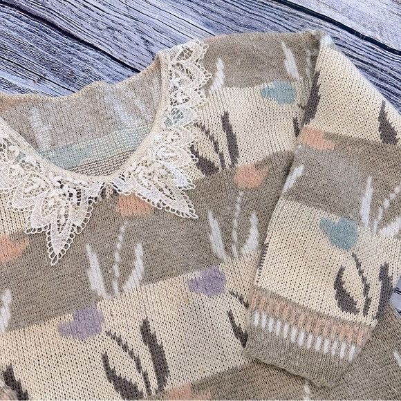 Vintage Vintage Tulip Knit Sweater with Lace Collar | Grailed