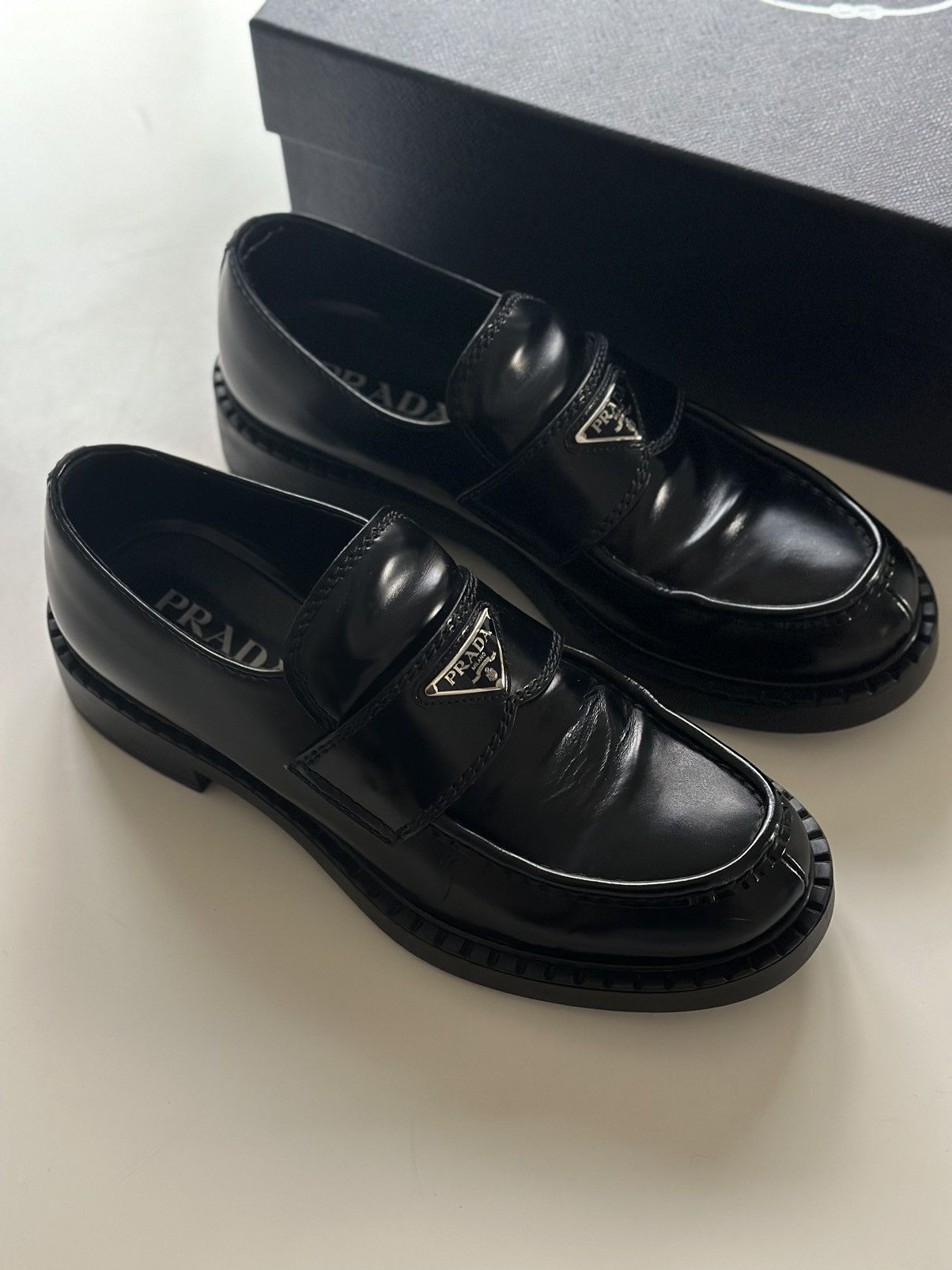 Prada Prada Chocolate Brushed Black Leather Loafers | Grailed