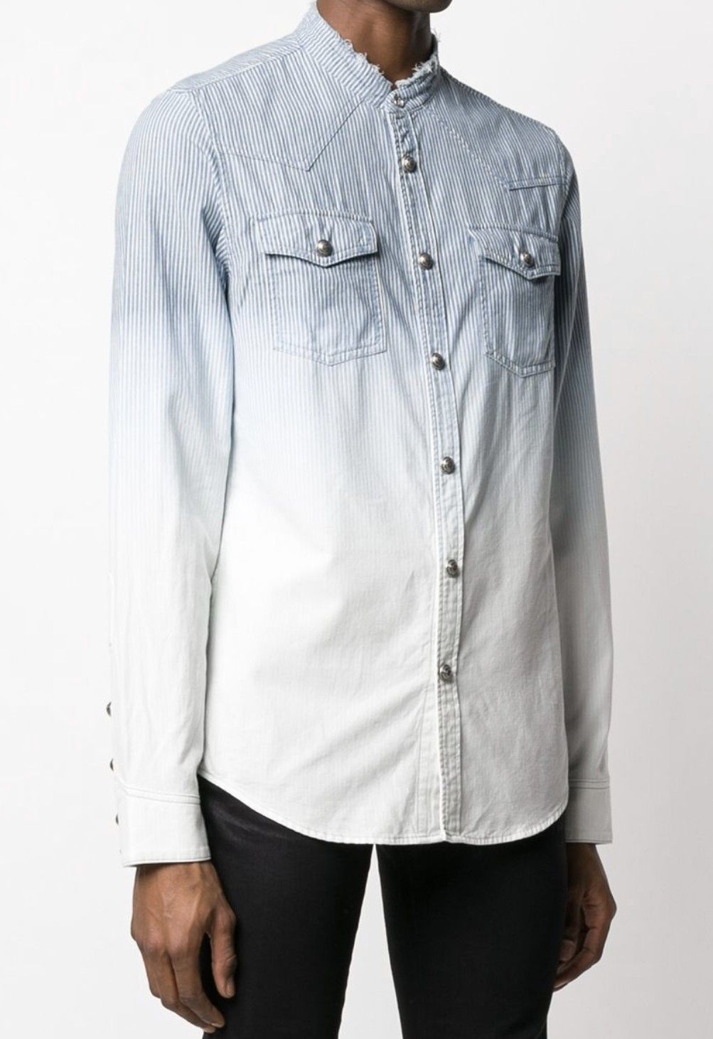 Balmain Striped Denim Shirt with Embossed Logo & Button | Grailed