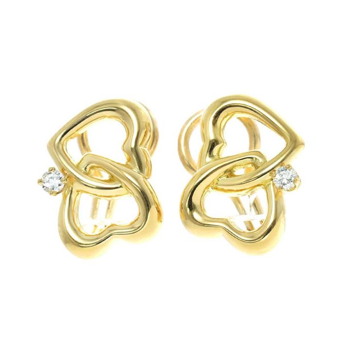 Tiffany & Co. Tiffany TIFFANY&Co. Double Heart Earrings Diamond K18 YG Yellow Gold 750 Clip-on ...