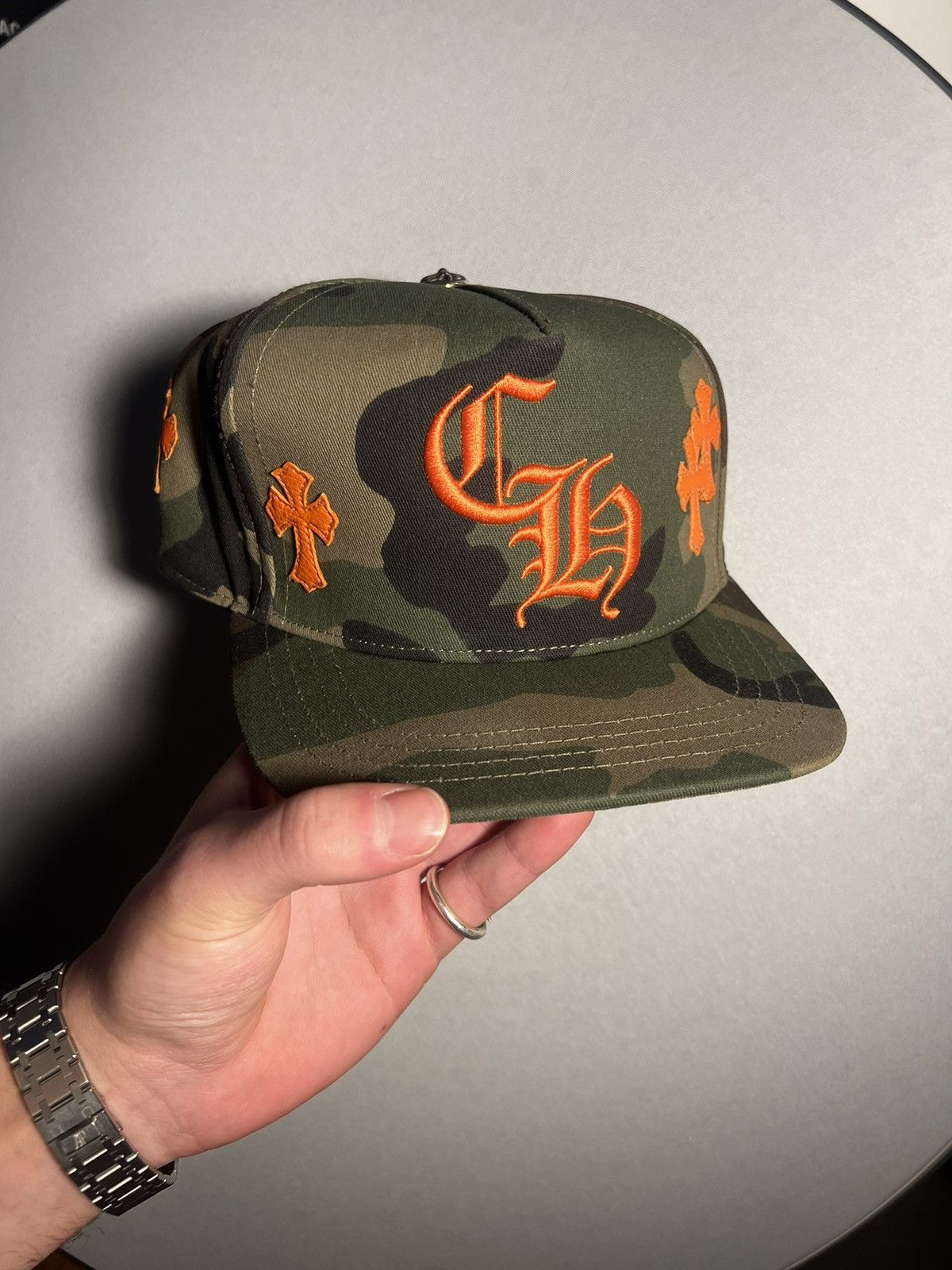 Chrome Hearts Chrome Hearts Camo/Orange 9 Cross Patch Hat 2024 Brand ...