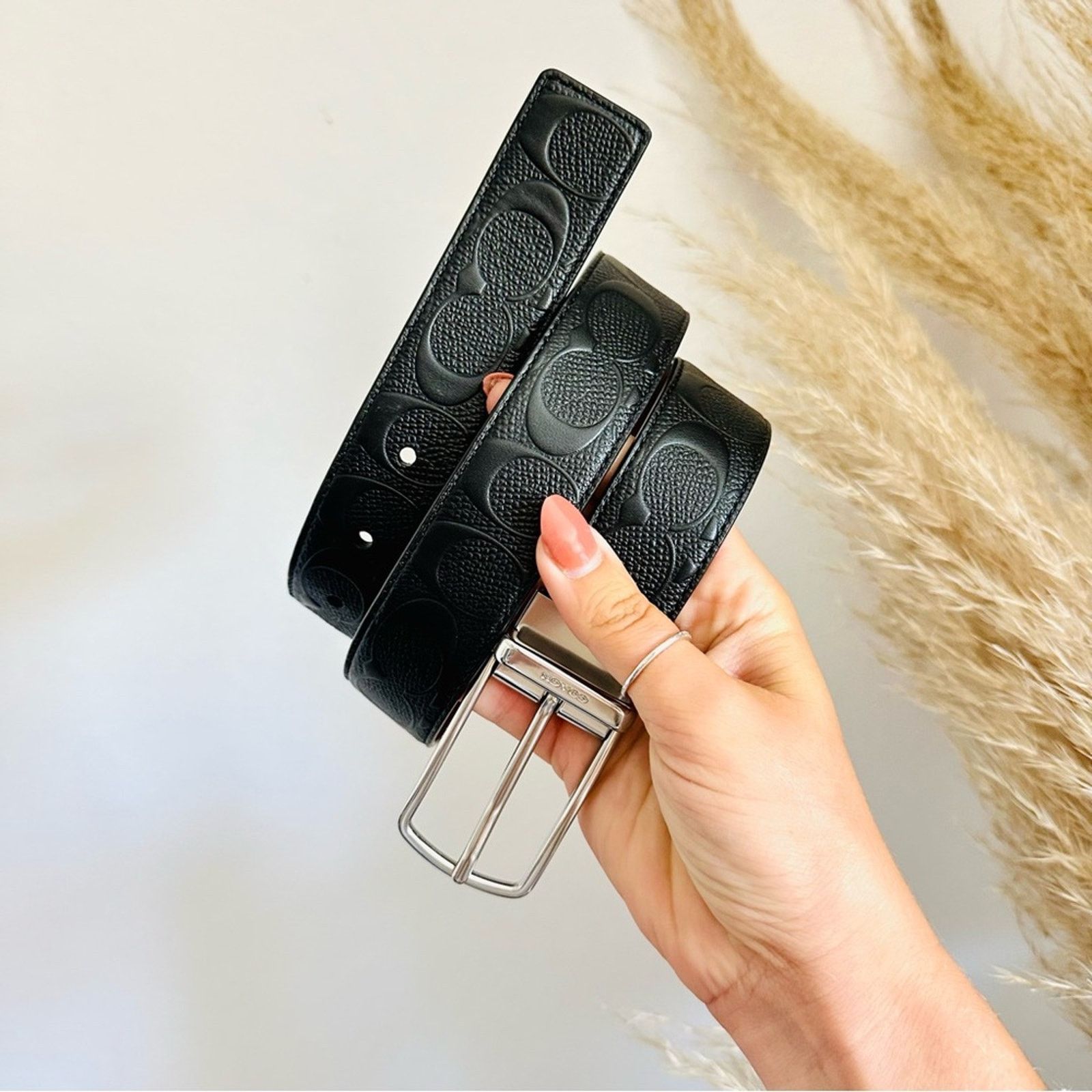 Coach COACH Black Leather Silver Buckle Logo Embossed Classic Belt ...