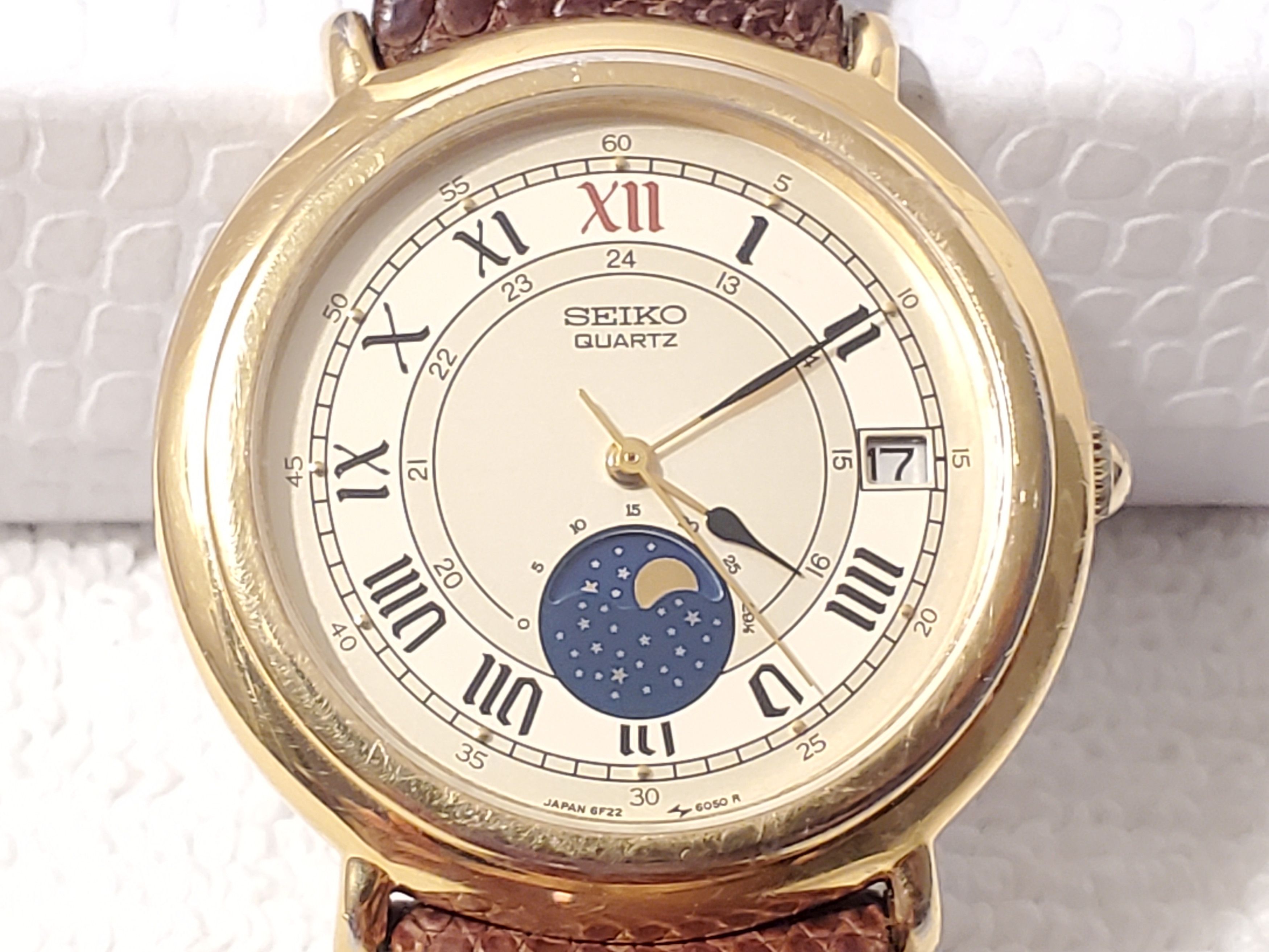 Seiko Vintage Seiko Moon Phase Men's Date Watch One Jewel Leather | Grailed