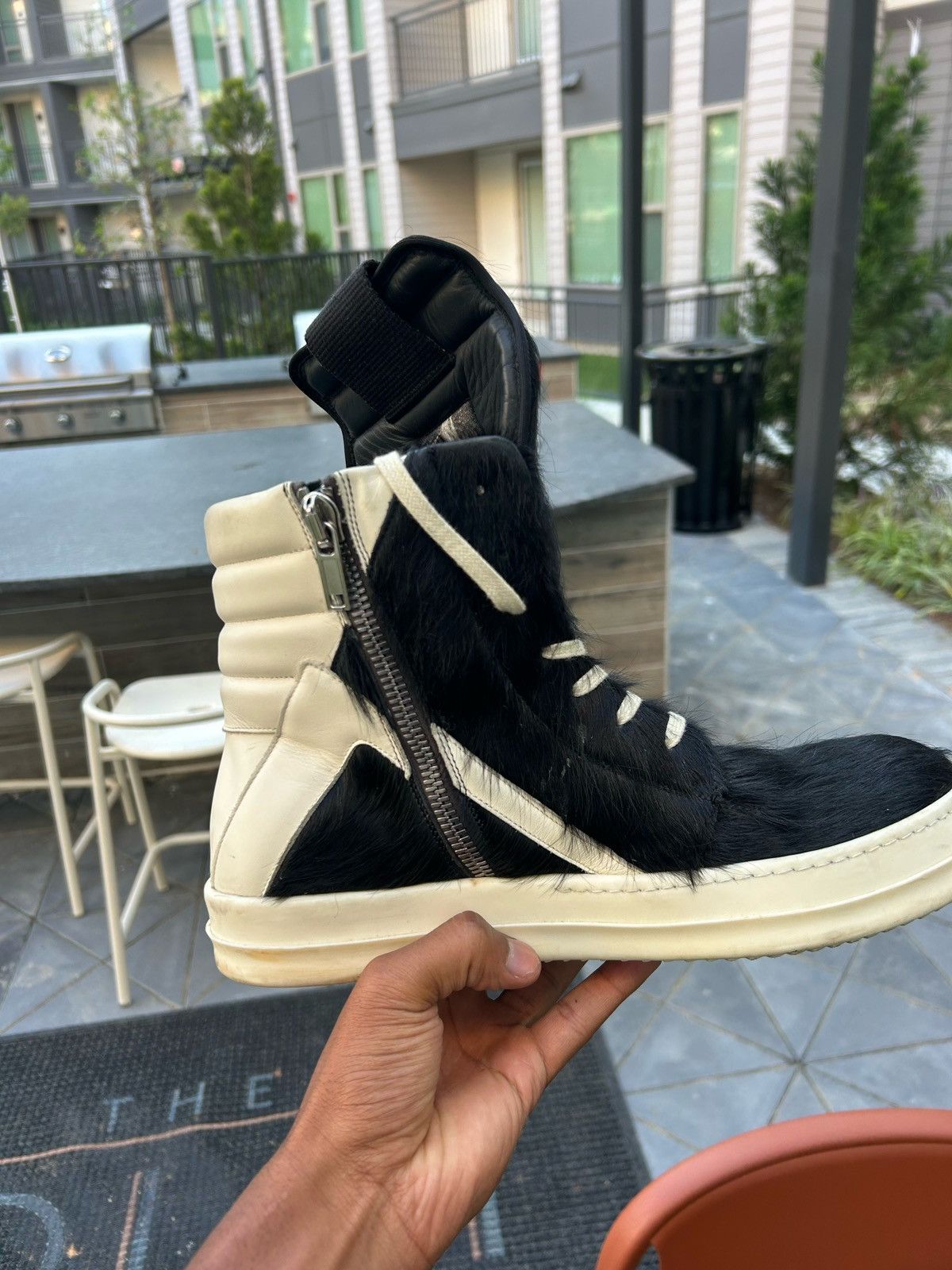 Rick Owens RICK OWENS GEOBASKET Black Fur Sneakers | Grailed