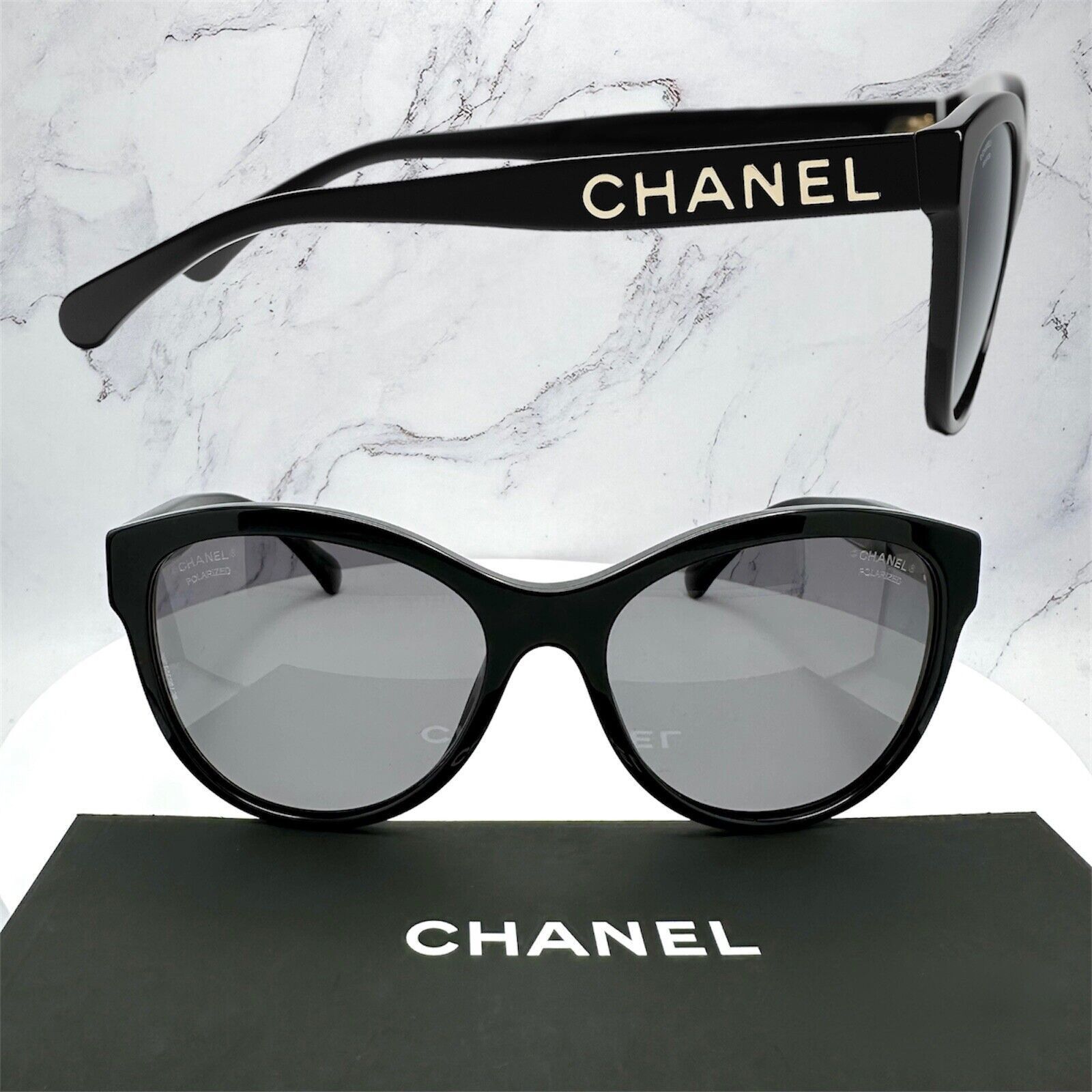 Chanel CHANEL Sunglasses Black Polarized Gold Metal Logo Authentic ...