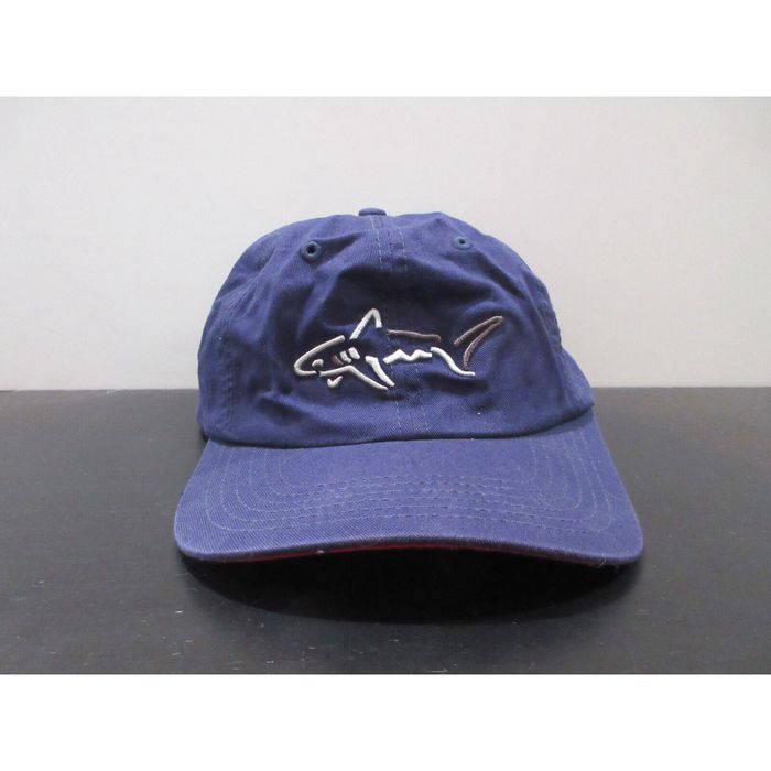 Vintage Greg Norman Hat Cap Strap Back Blue Red Shark USA Flag Golf ...