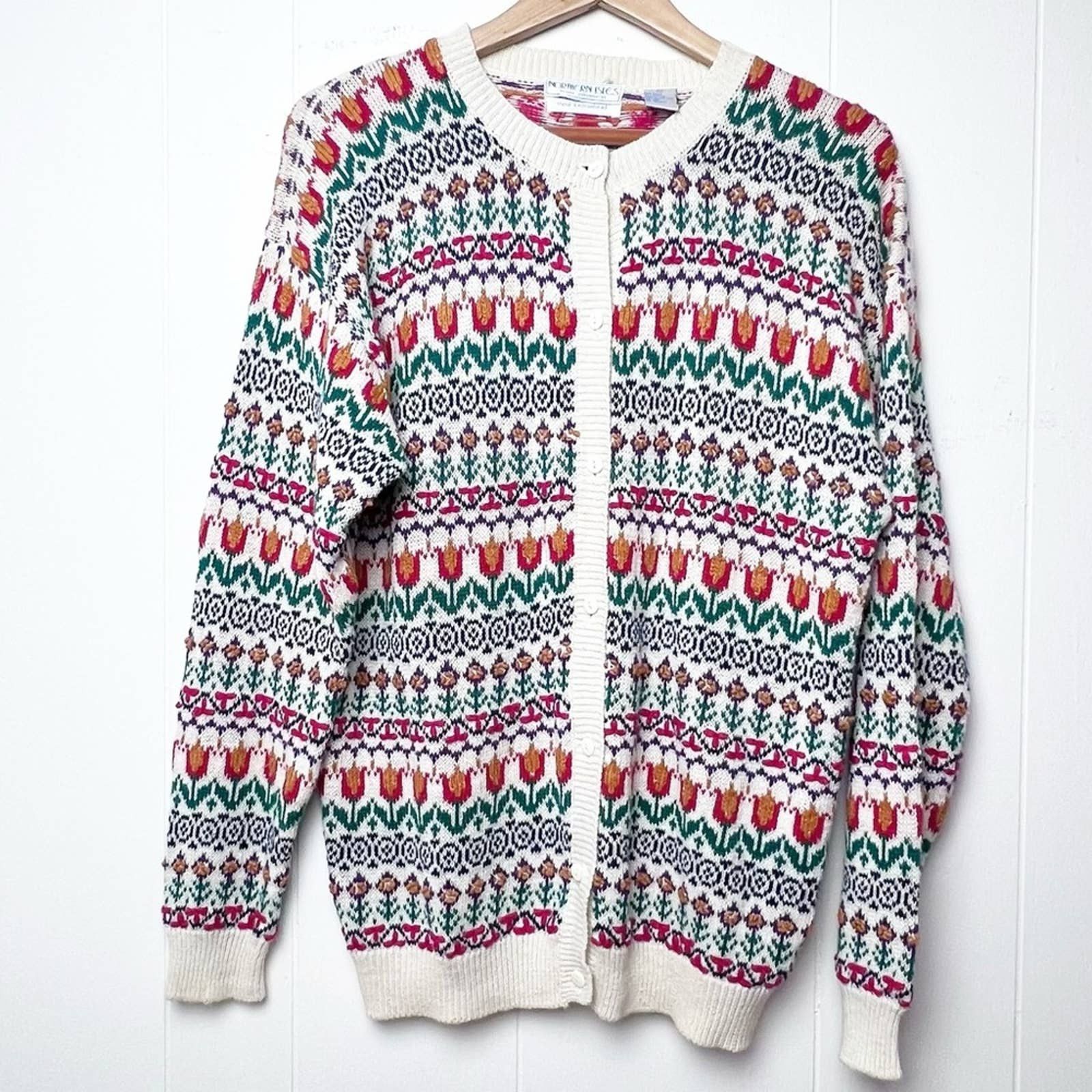 Northern Isles Vintage Fair Isle Cream Floral Cardigan Sweater Size ...