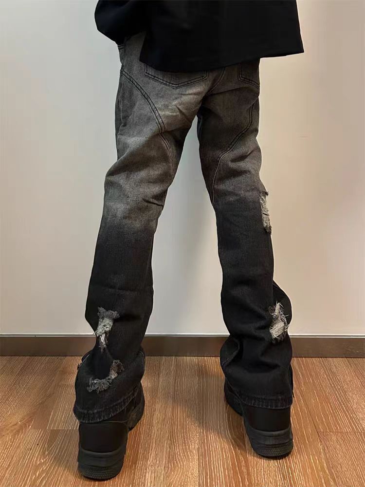 Japanese Brand Side leg zipper ripped micro flare casual jeans | Grailed