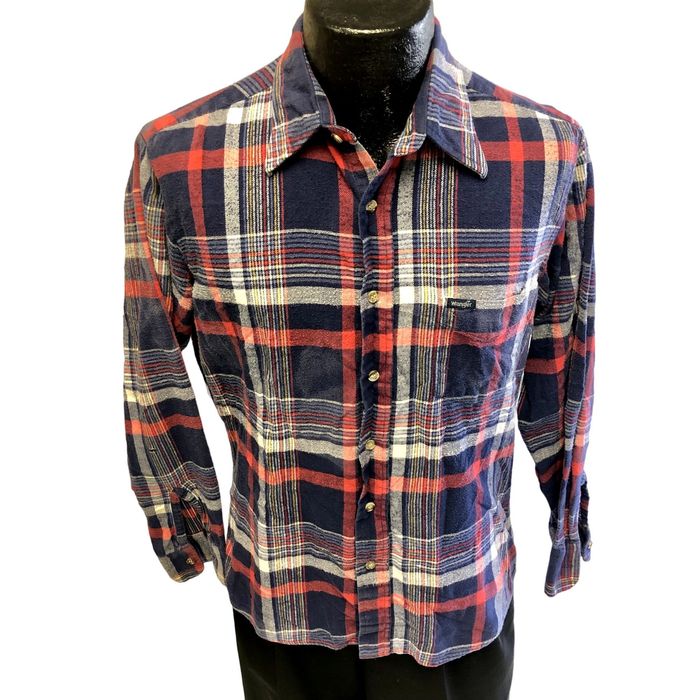 Wrangler 80's Wrangler Blue PLAID Cowboy Western FLANNEL Work Shirt M ...