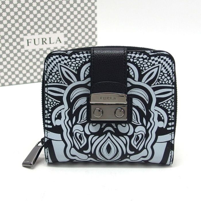 Furla FURLA bi-fold compact wallet black x light gray printed pattern ...