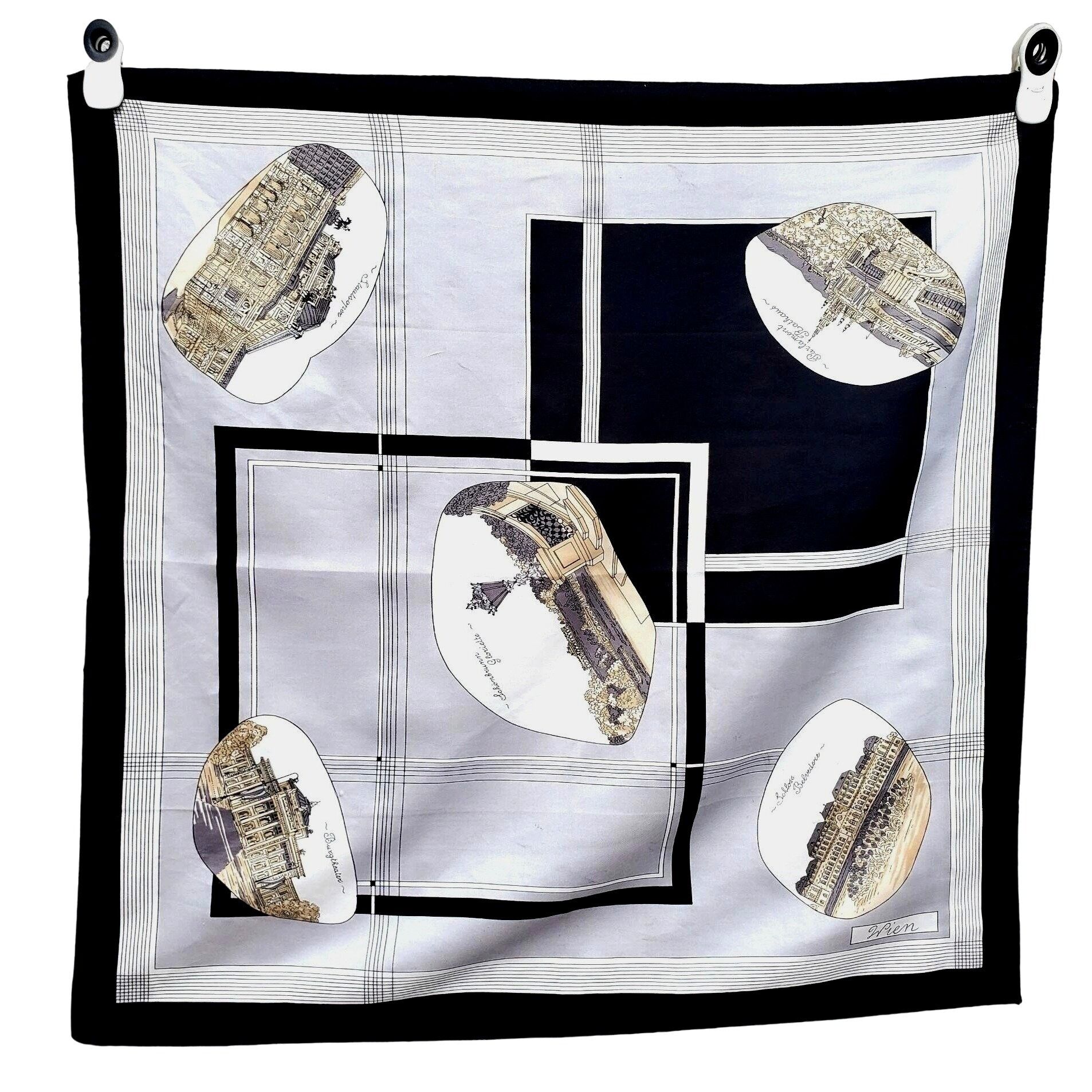 Vintage Austrian Souvenir Square Scarf Vienna Wien Gray Black White ...