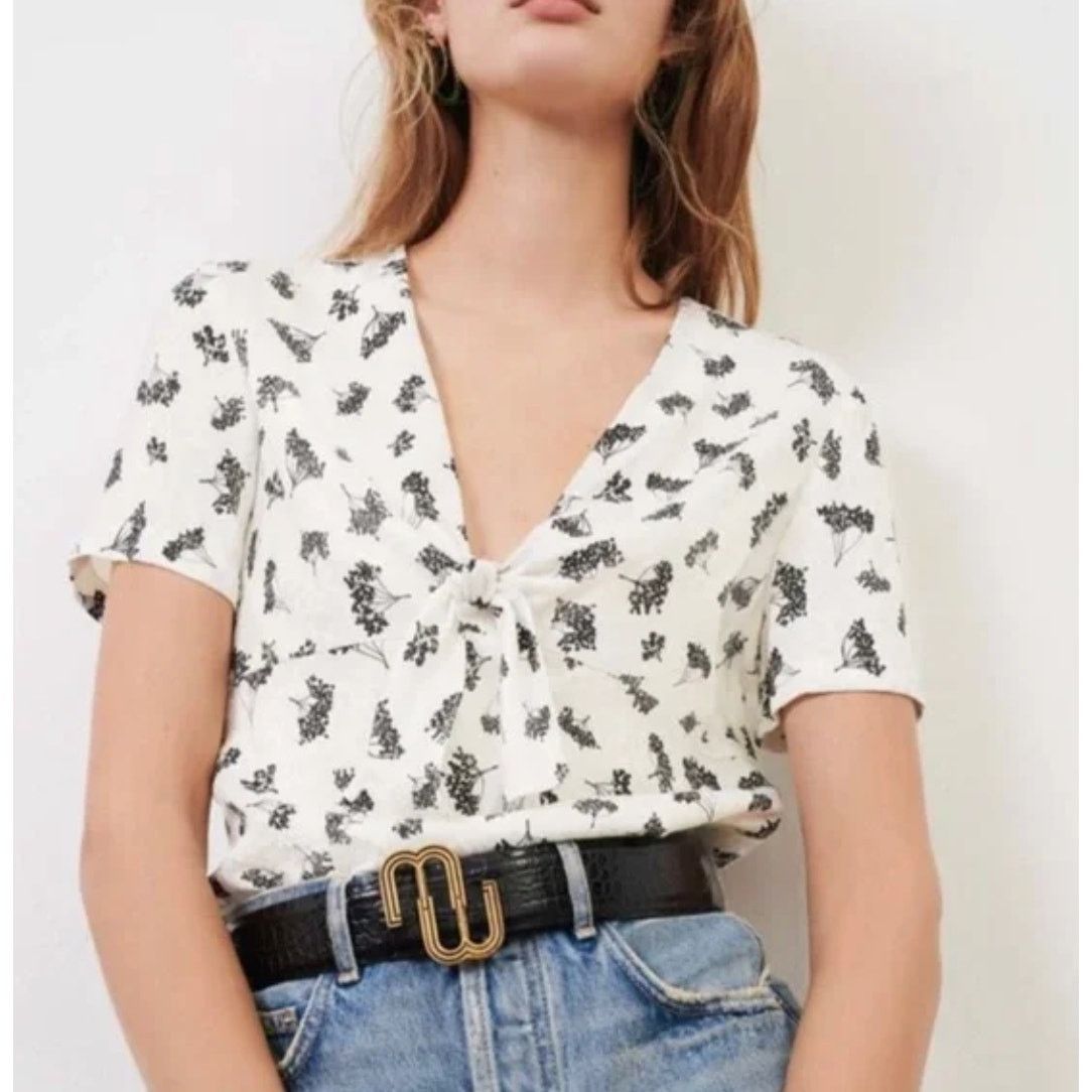 Maje Maje Floral V-Neck Tie Top in White Jacquard & Black Floral | Grailed