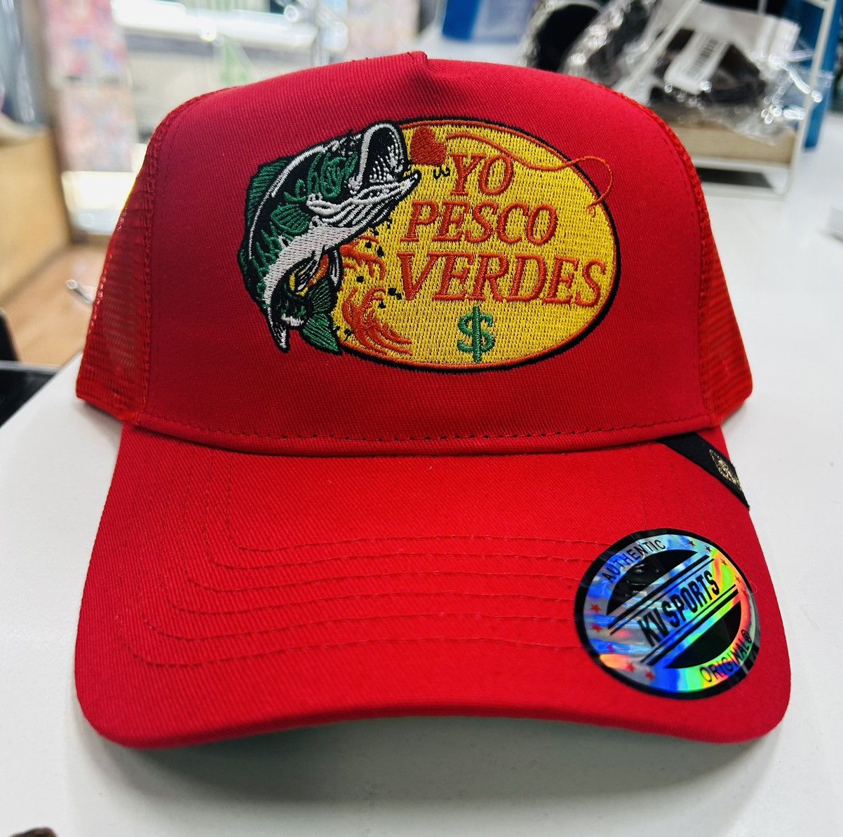 Streetwear × Vintage Yo Pesco Verdes Bass Red Adjustable Pro Trucker ...