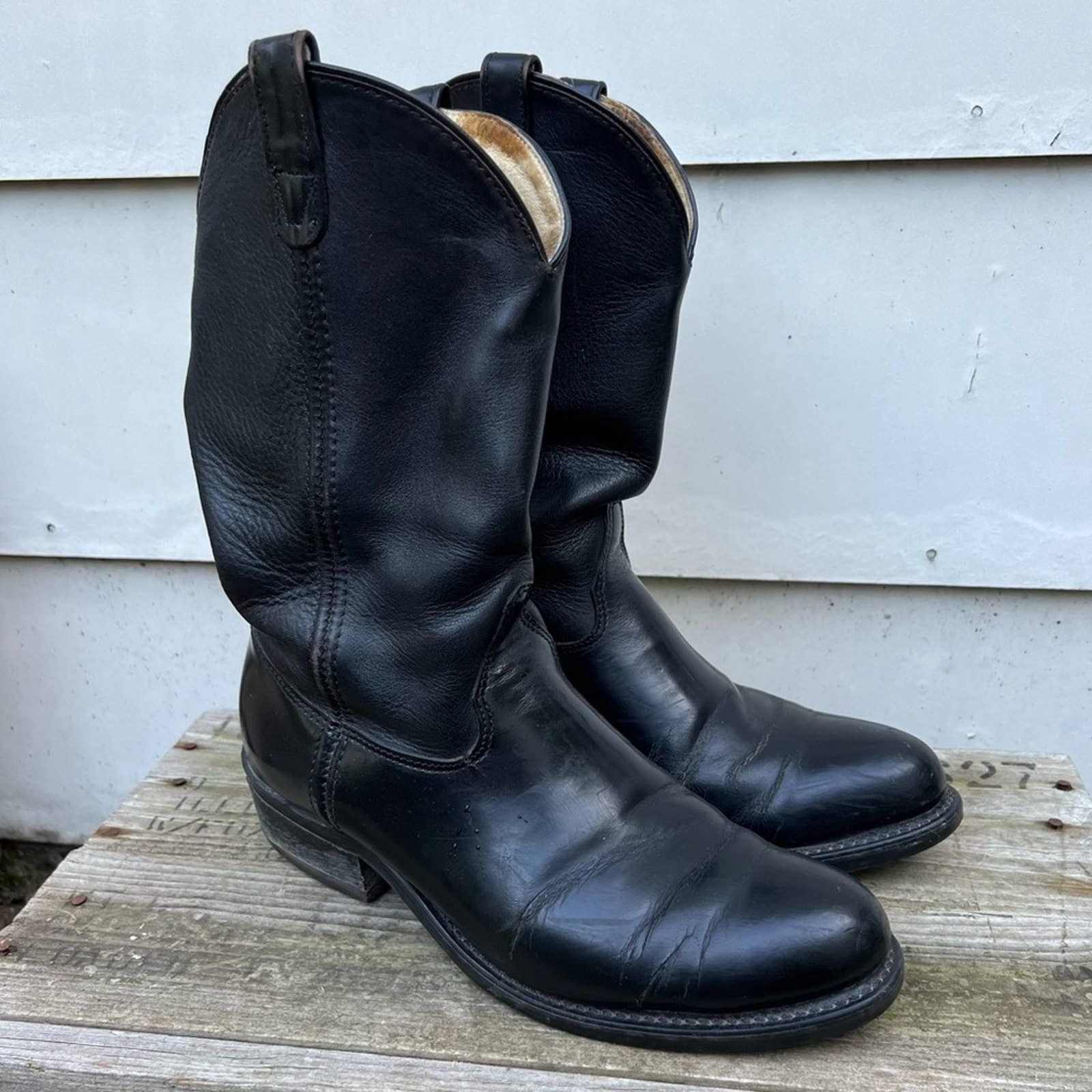 Vintage Double H 12" Work Western Smooth Black Leather Uniform Boot ...