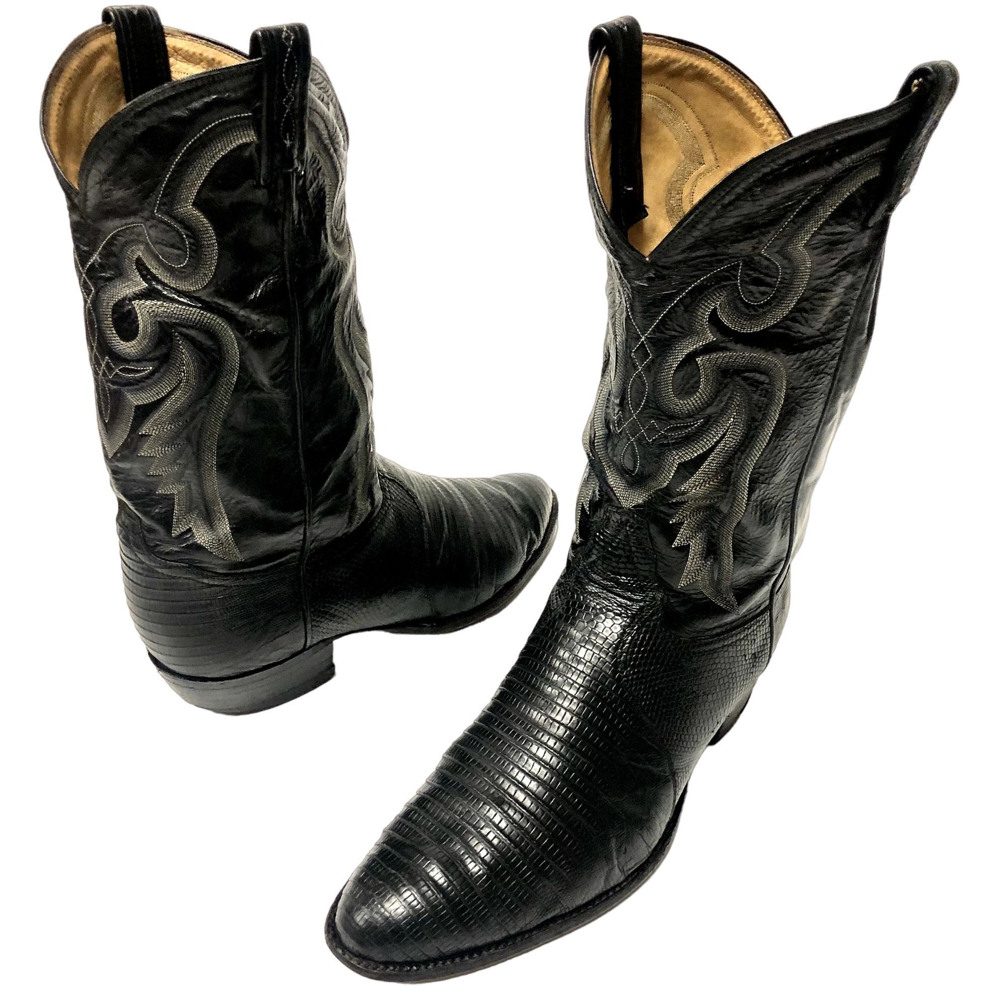 Tony Lama Vtg Tony Lama Black LIZARD Skin Cowboy Western Iguana Boots ...