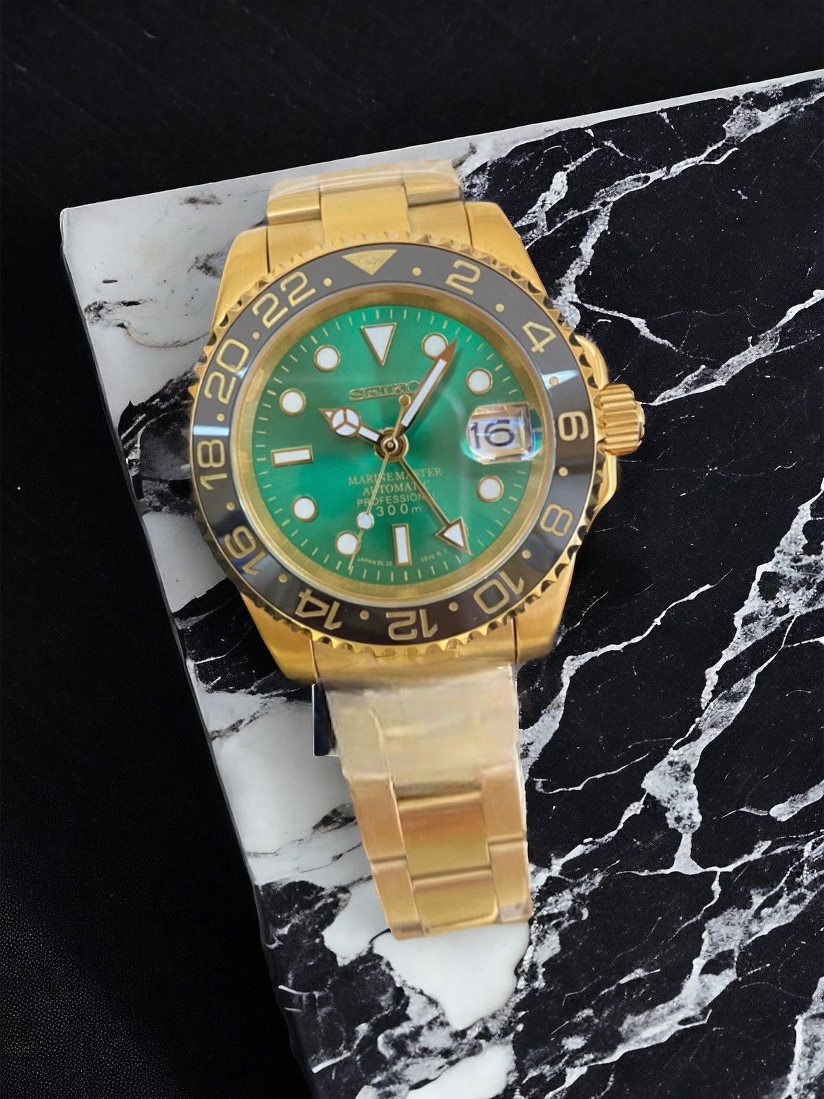 Japanese Brand × Seiko Seiko Mod GMT-Master 2 Green Dial Gold Automatic ...