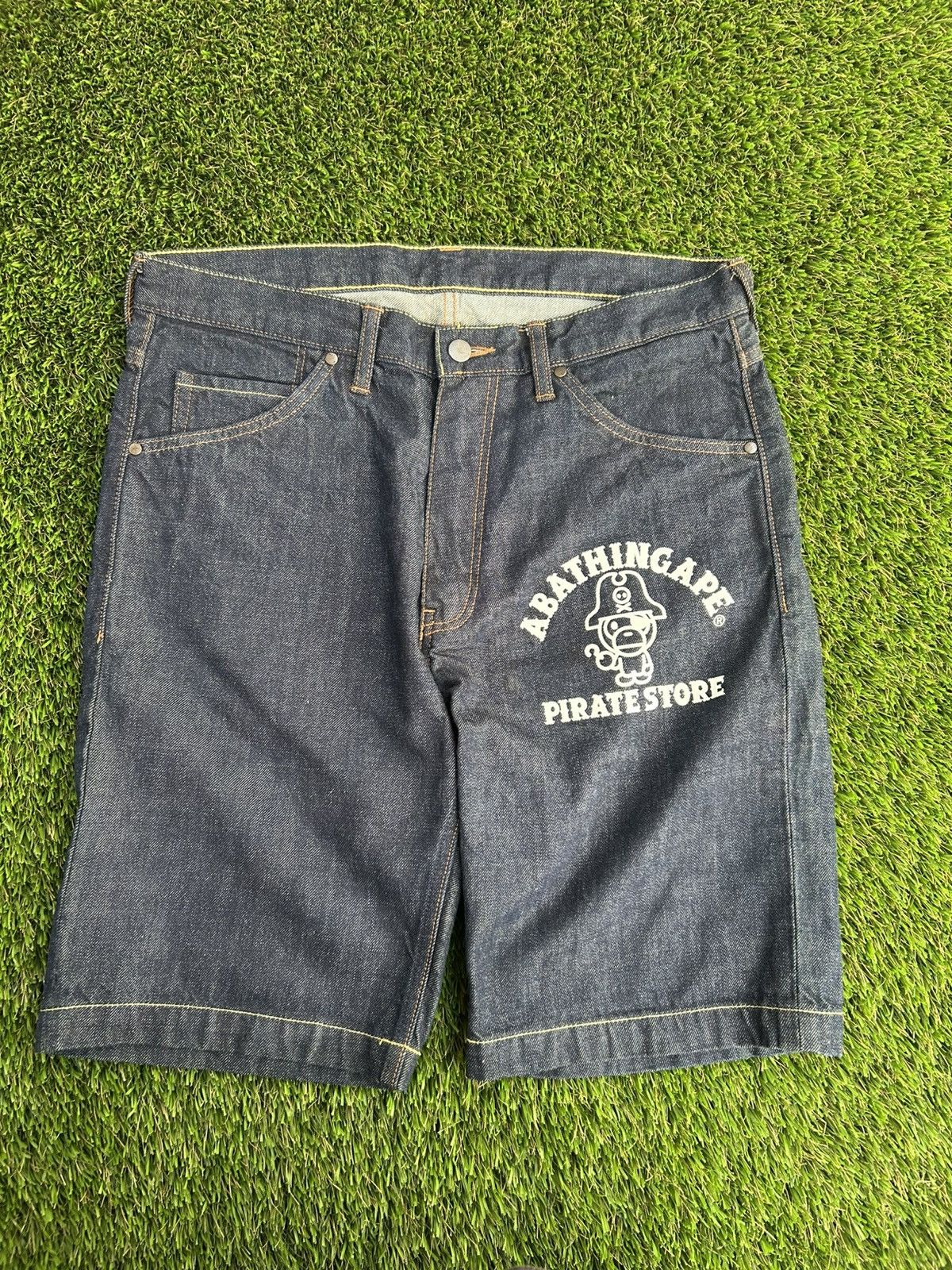 Bape Y2K BAPE Bathing Ape Baby Milo Pirate Raw Denim Jorts | Grailed