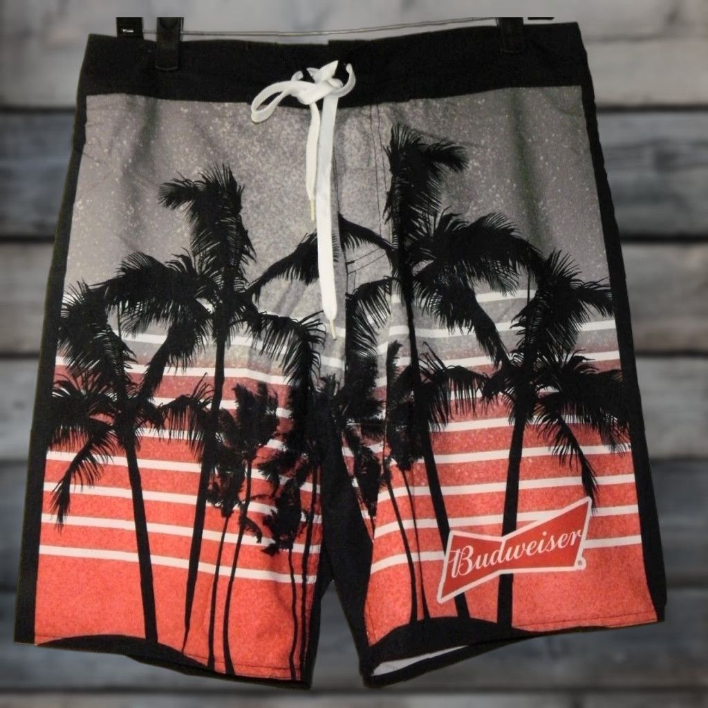 Budweiser Budweiser Board Shorts Men M Black Palm Trees Mesh Lined ...