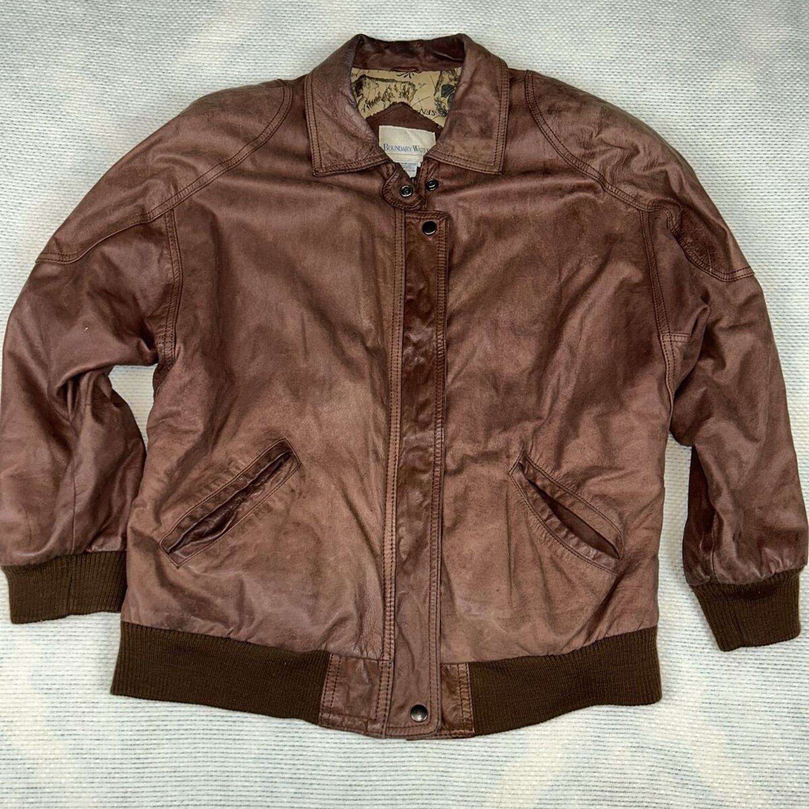 Other Vintage Boundary Waters Brown Leather Jacket Mens Map Lining ...
