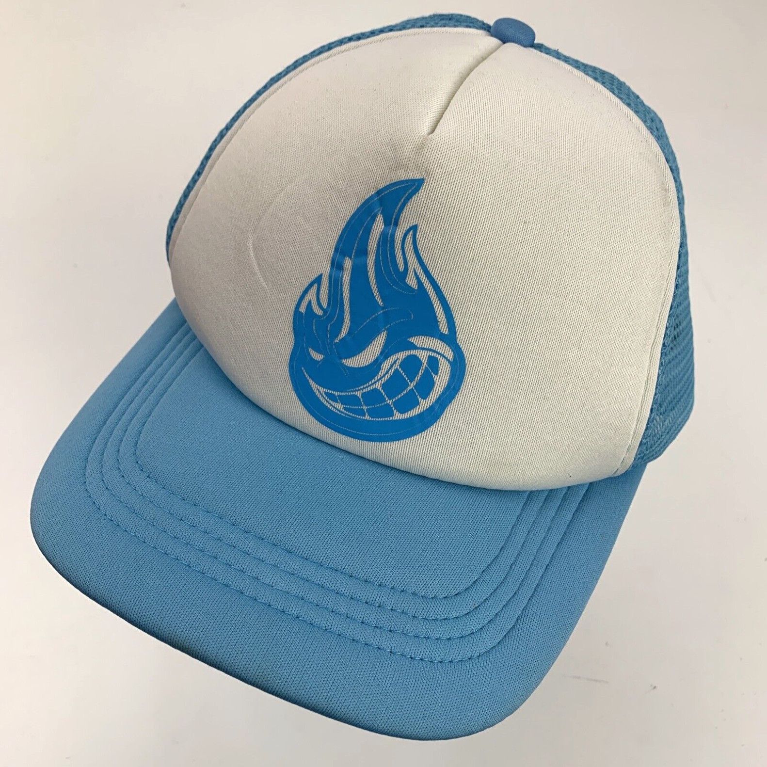 Bally Flaming Face Ball Logo Blue White Trucker Ball Cap Hat Snapback ...