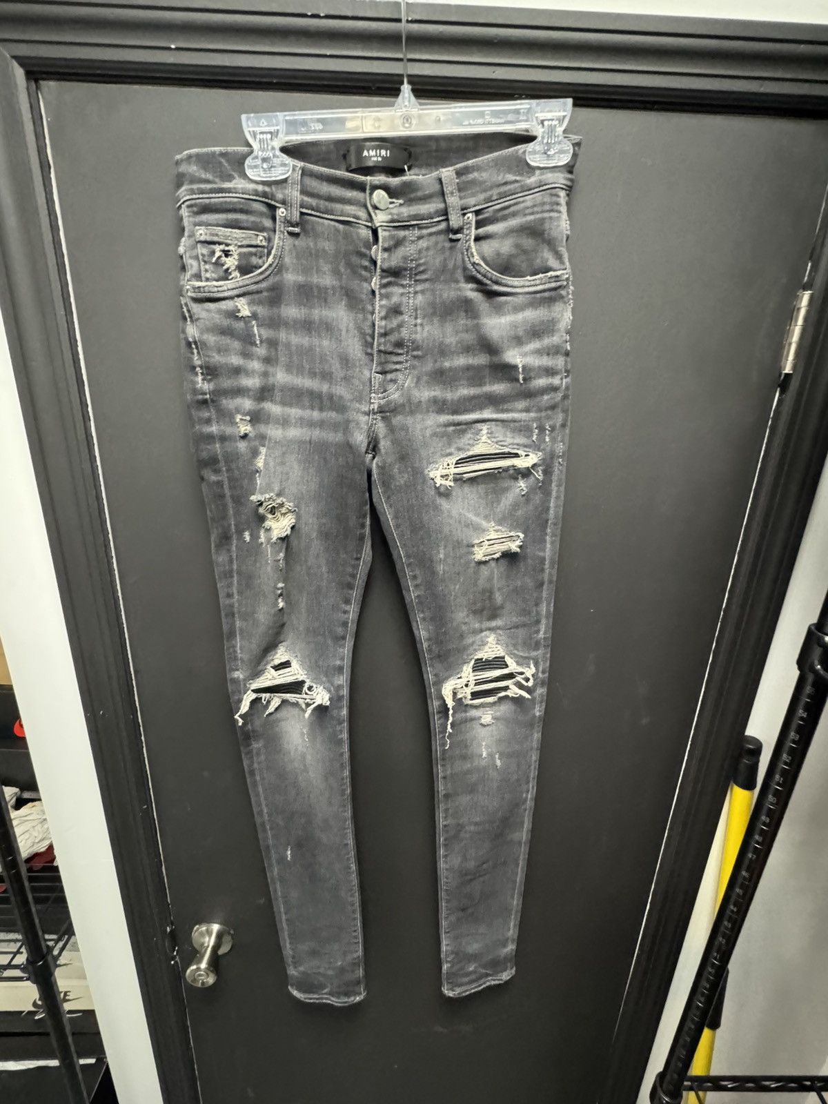 Amiri AMIRI MX1 BLACK LEATHER PATCH JEANS | Grailed