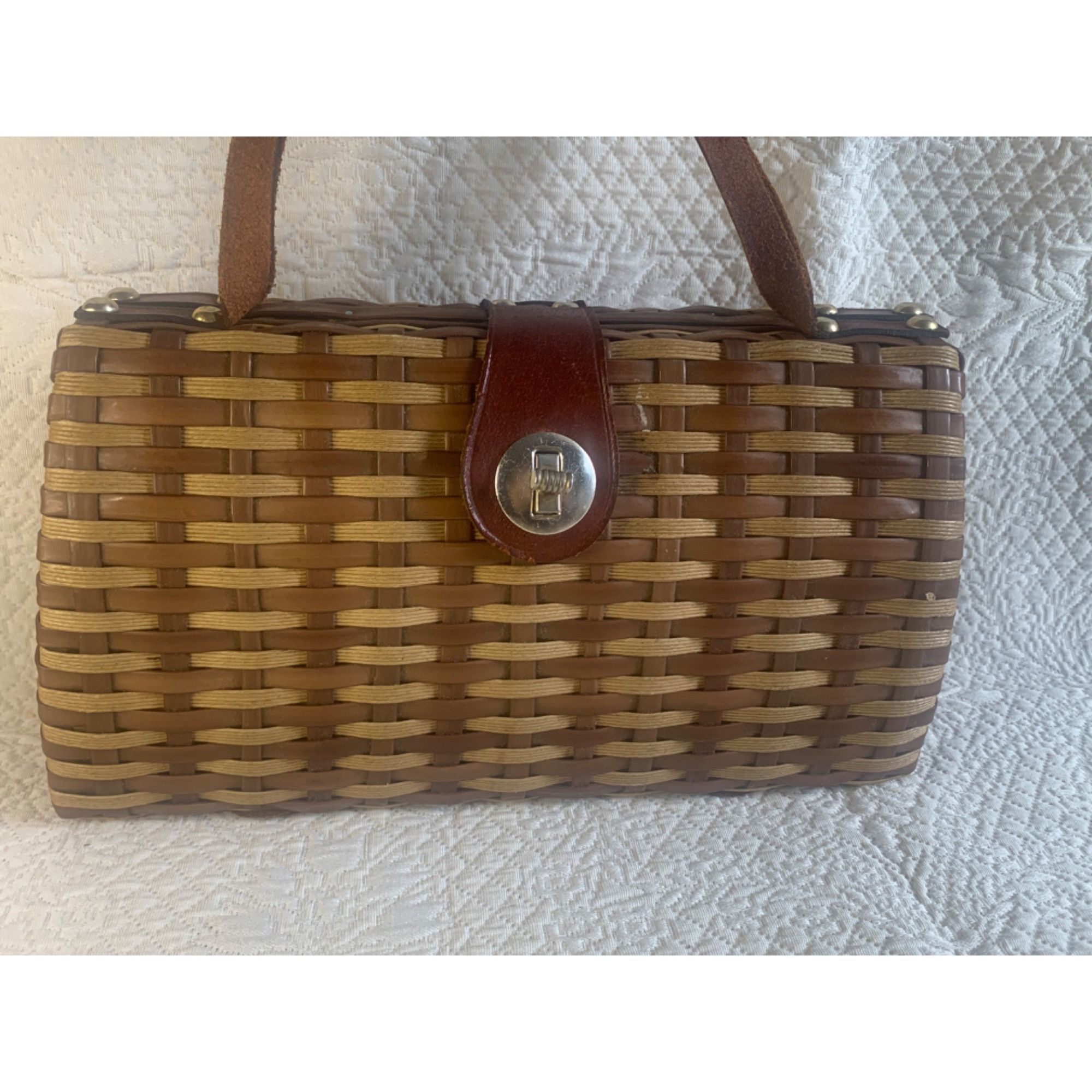 Vintage Wicker and Leather Basket Weave Purse Handbag Woven Vintage ...