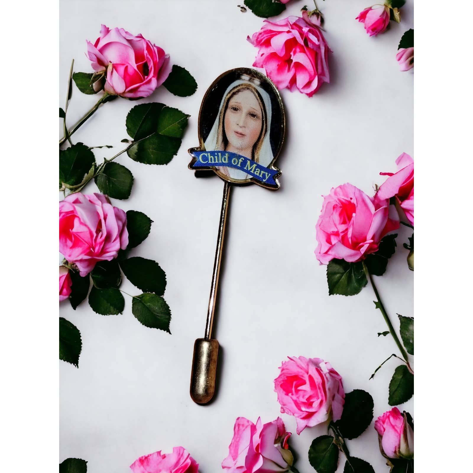 Vintage Gorgeous Mother Mary gold and blue stick pin | Grailed