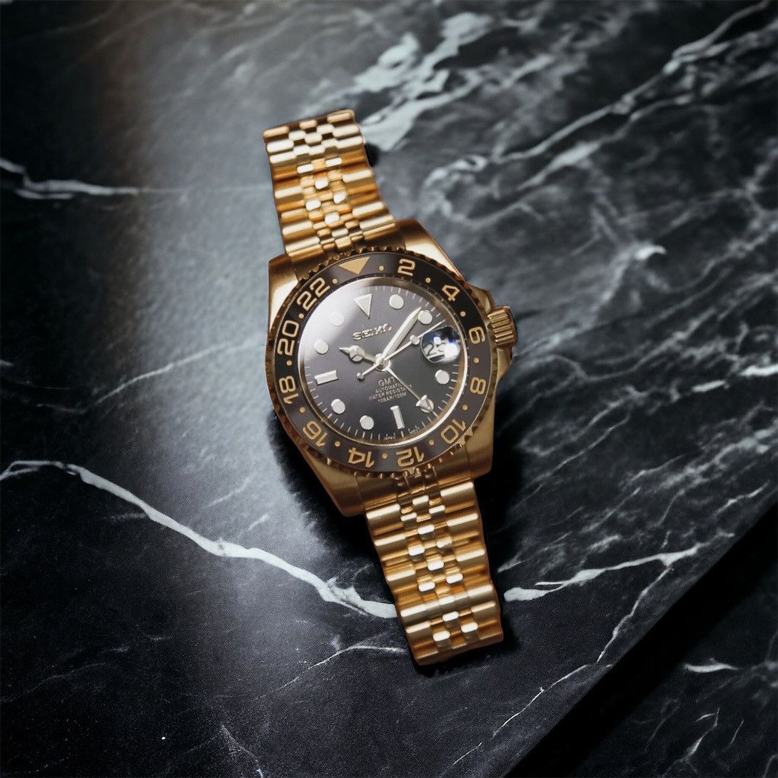 Custom Seiko Mod GMT 2 Black Dial Gold Jubilee Automatic Watch | Grailed
