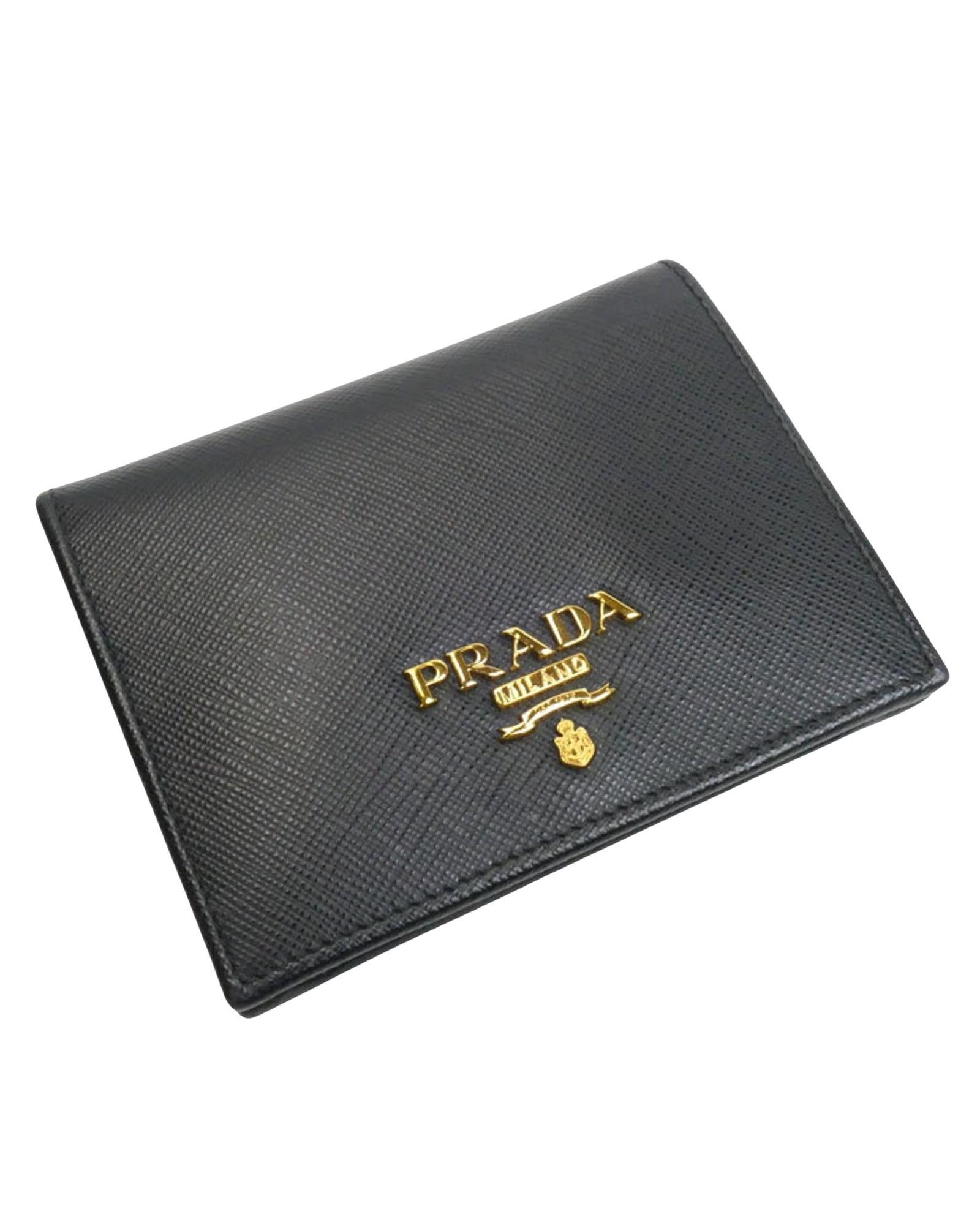 Prada Black Leather Bi-Fold Wallet with Snap Fastener and Iconic ...