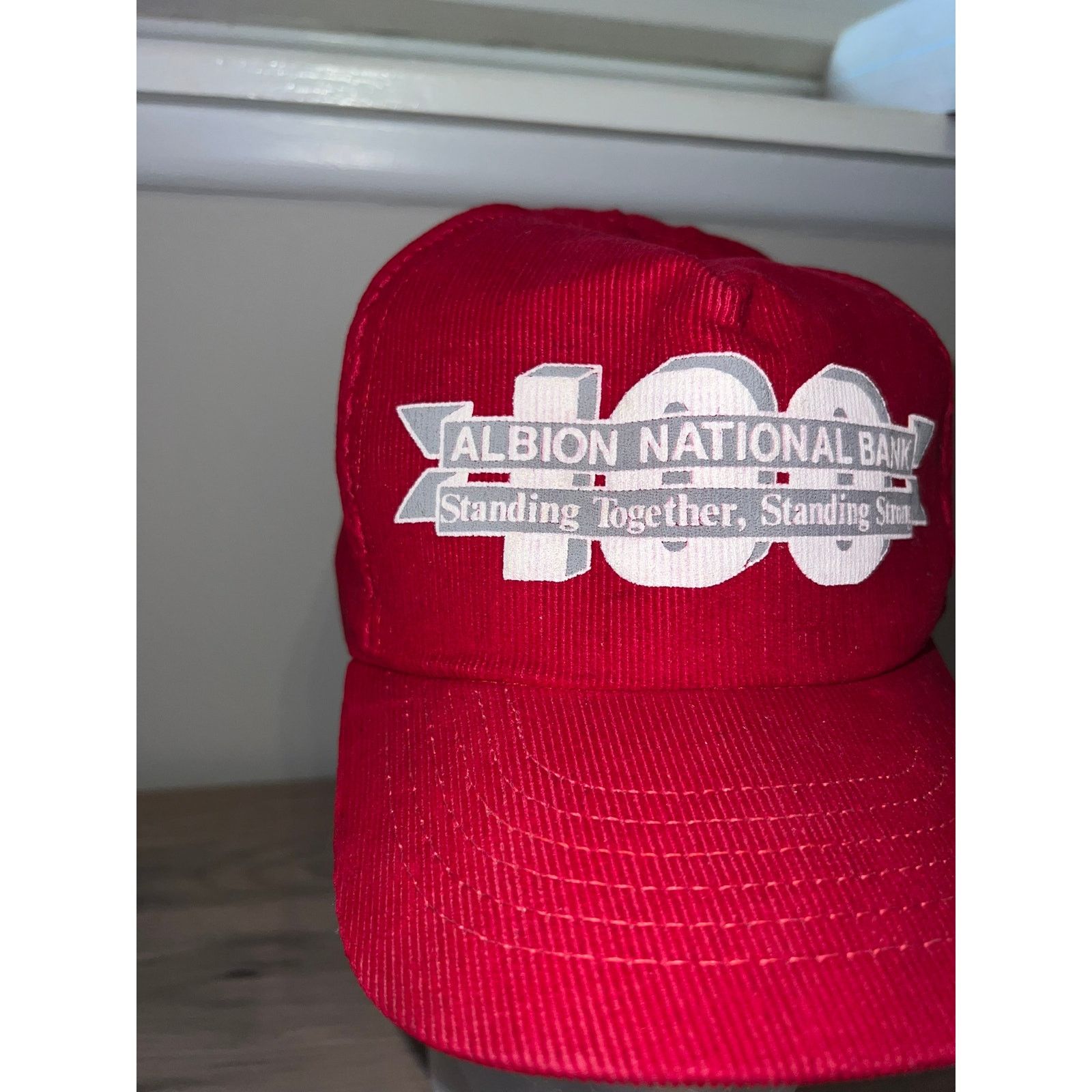 Vintage Vintage 1989 Albion National Bank 100 Years Red Corduroy Hat ...