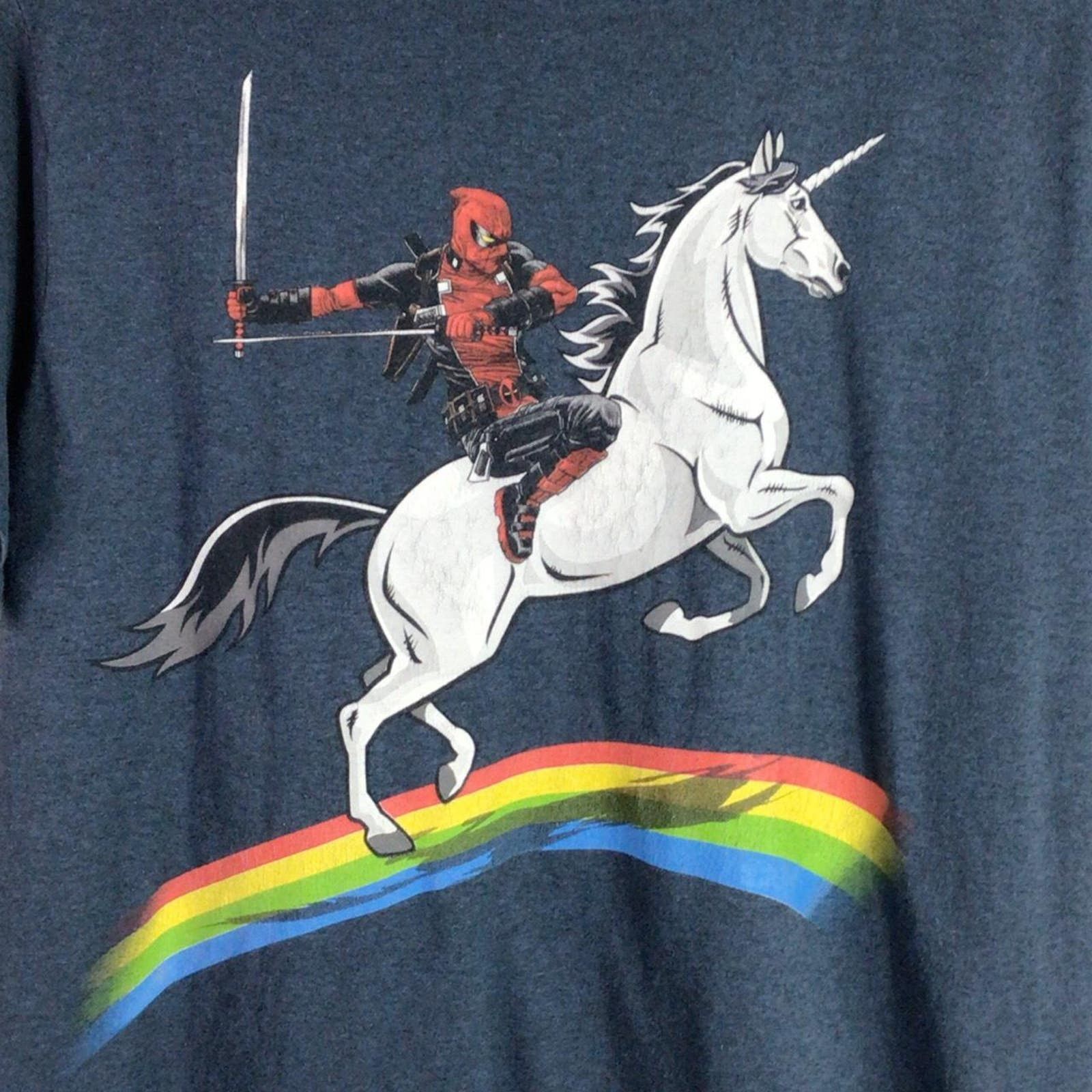 Marvel Comics Marvel DeadPool Riding Unicorn rainbow comics T Shirt ...