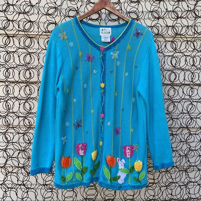 Vintage Quacker Factory blue cardigan spring flowers | Grailed