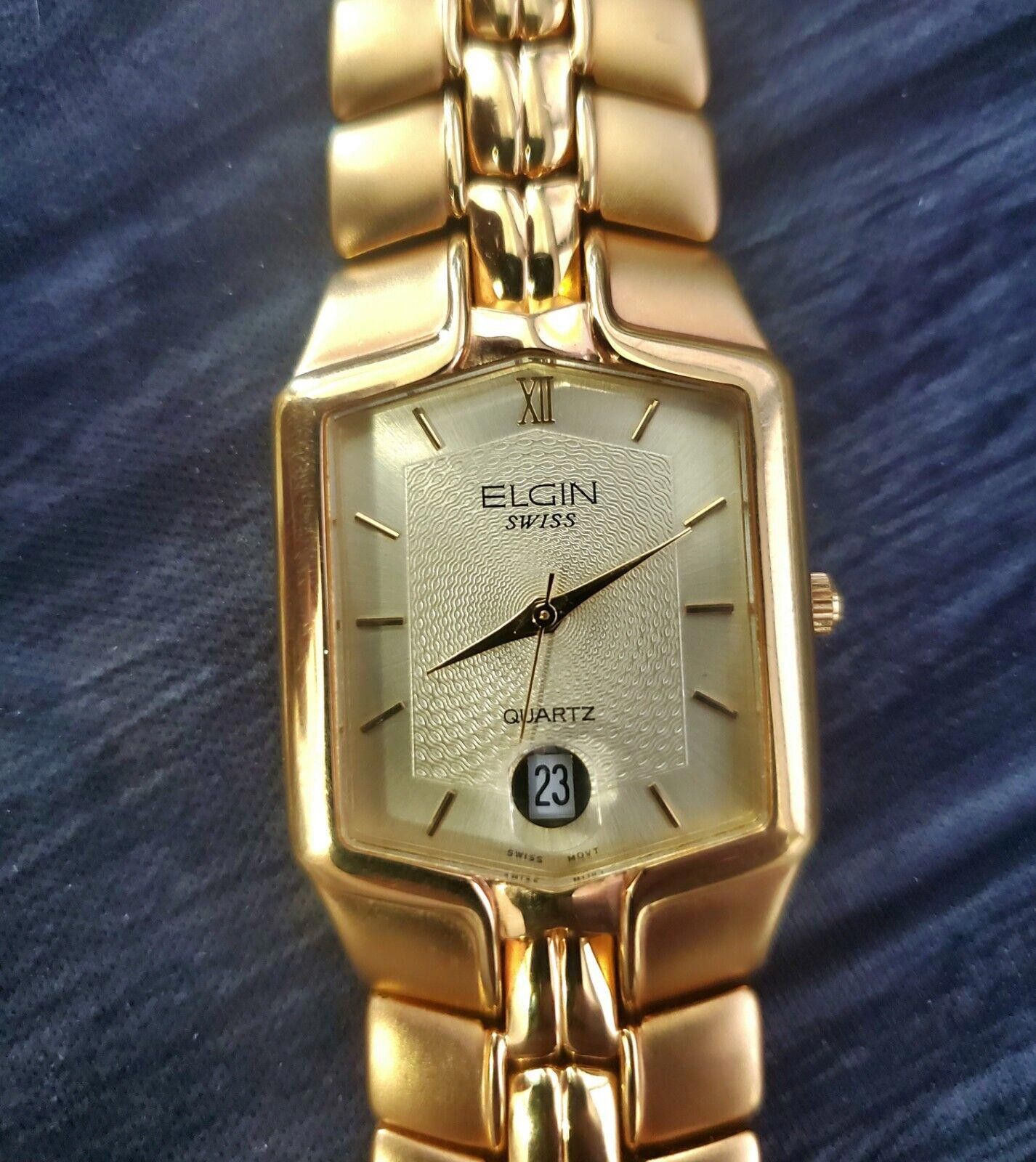 Designer Vintage Swiss Elgin Gold Men's Retro Tank Watch Box & Papers ...