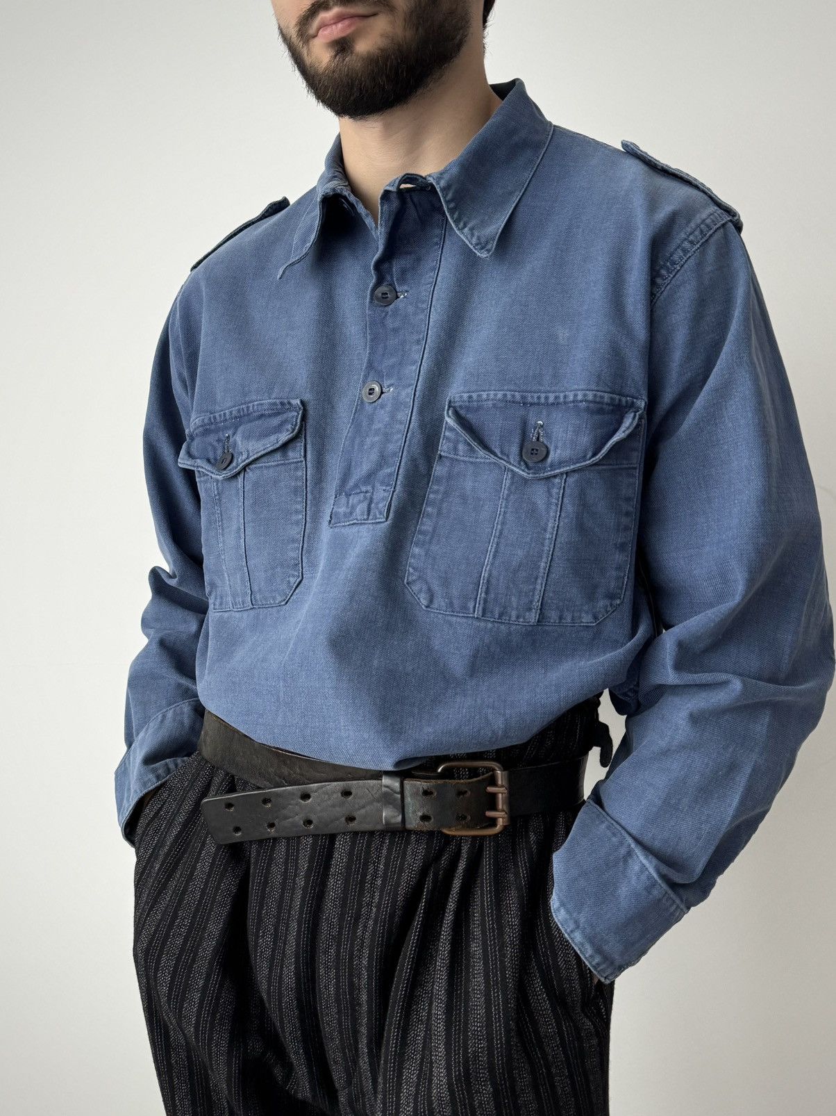 Vintage 1960s Vintage Swedish Military Half Placket Work Shirt | Grailed