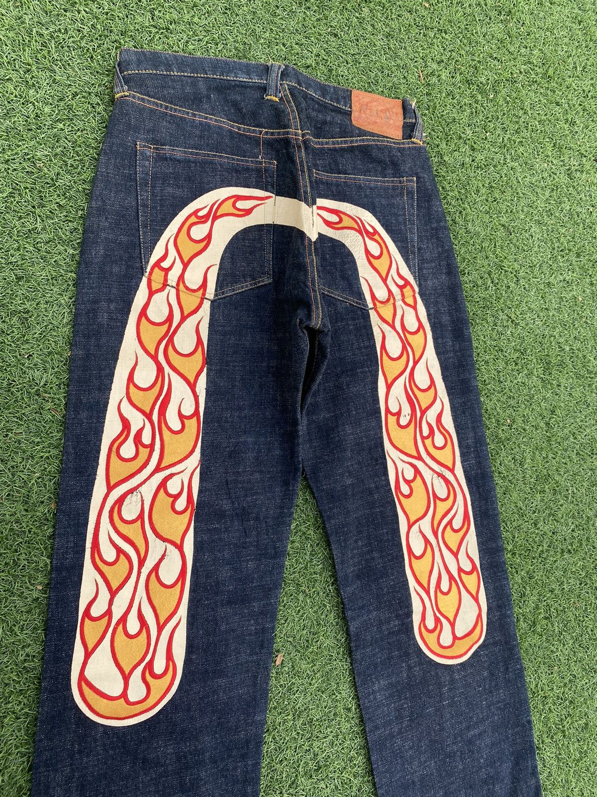 Evisu × Japanese Brand × Streetwear EVISU FIRE EMBROIDERED DAICOCK WITH RED SELVEDGE DENIM JEANS ...