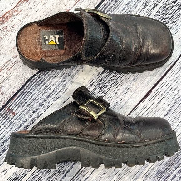 Caterpillar Vintage CAT Chunky Brown Leather Slip On Clogs | Grailed
