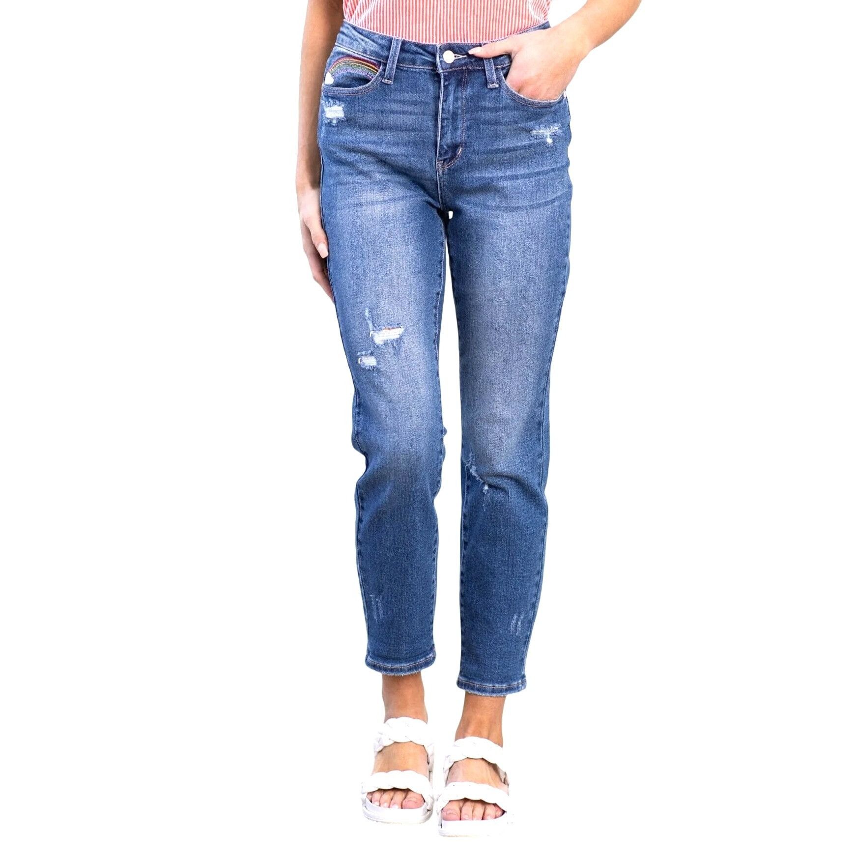 Judy Blue Judy Blue Straight Leg Distressed High Waist Embroidered Rai ...