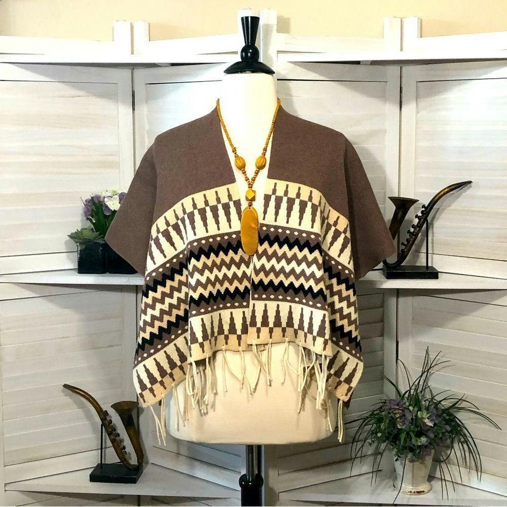 Vintage Vintage Western zigzag fringes wool cream brown poncho | Grailed