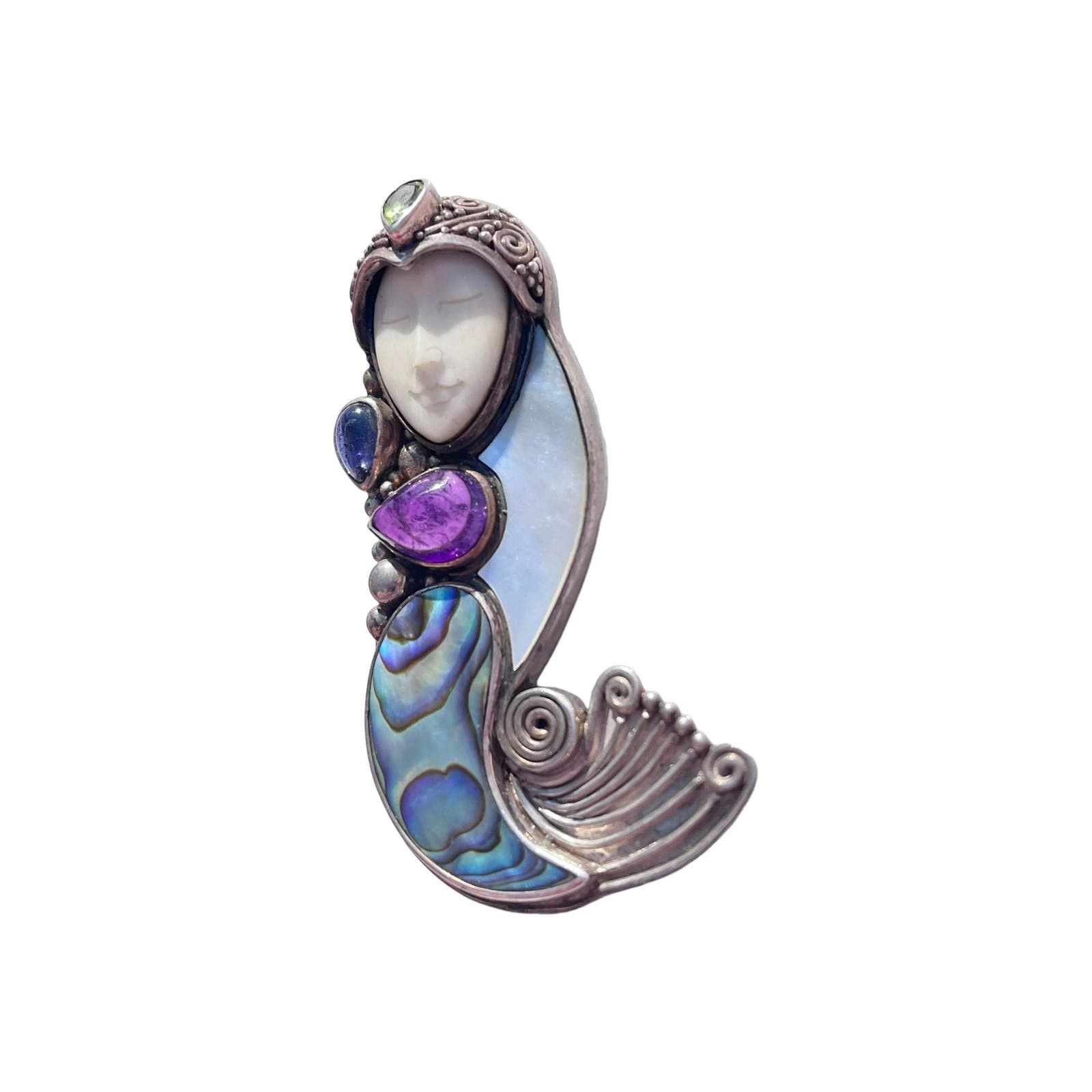 Designer 925 Sajen Bali Mermaid Goddess PIN / PENDANT Multi Gemstone ...