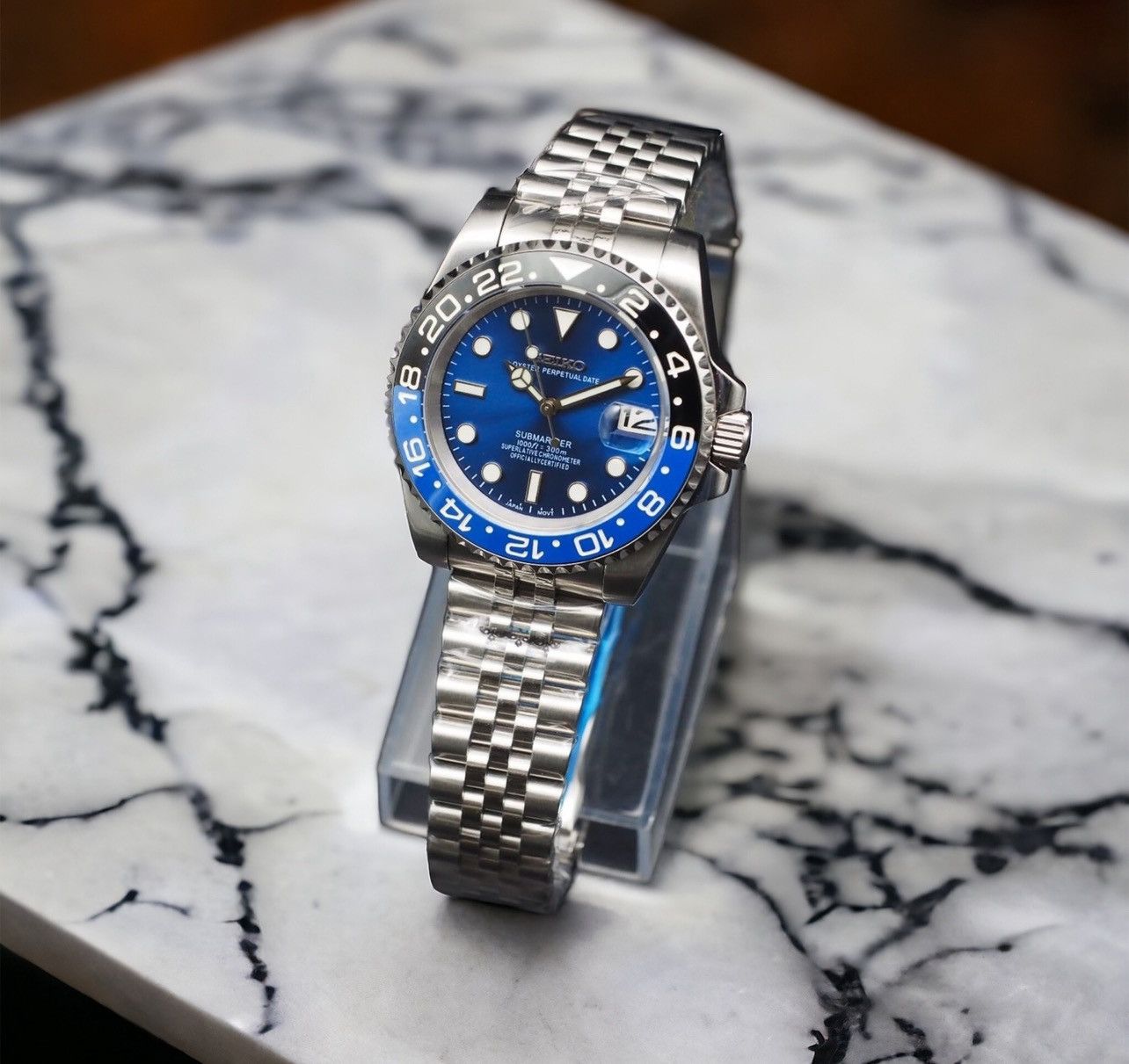 Japanese Brand × Seiko Seiko Mod GMT-Master 2 Blue Dial Jubilee Steel ...