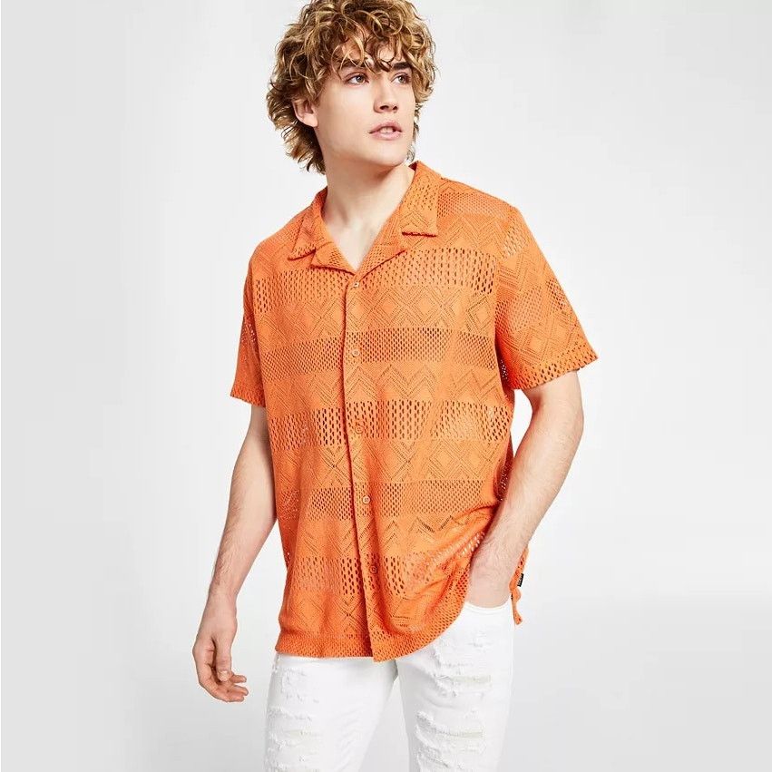Guess GUESS Men's Saffron Peach Crochet-Knit Short-Sleeve Shirt S | Grailed