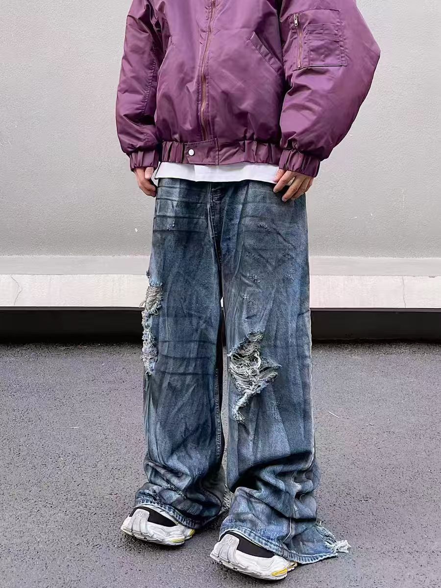 Jean × Streetwear Faded tattered washed and distressed baggy denim ...