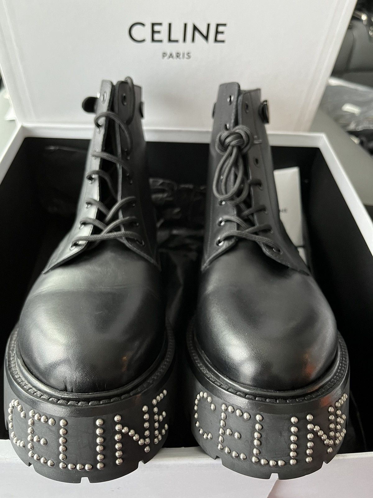 Celine Super Runway Sold out Brand New CELINE Logo Bulky Boots | Grailed