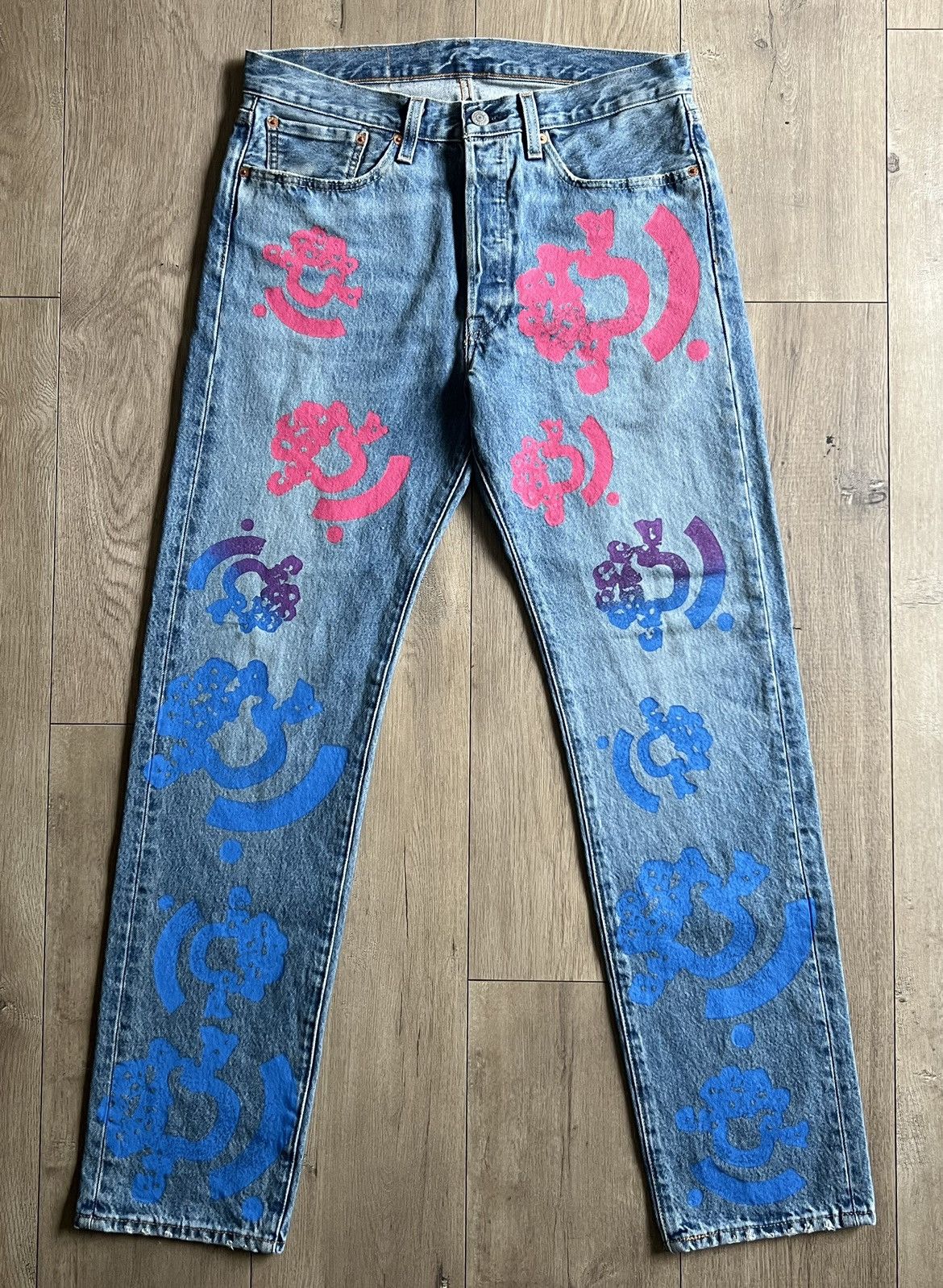 (B).Stroy B. Stroy Denim Tears Logo Screenprint Blue Denim Pants | Grailed