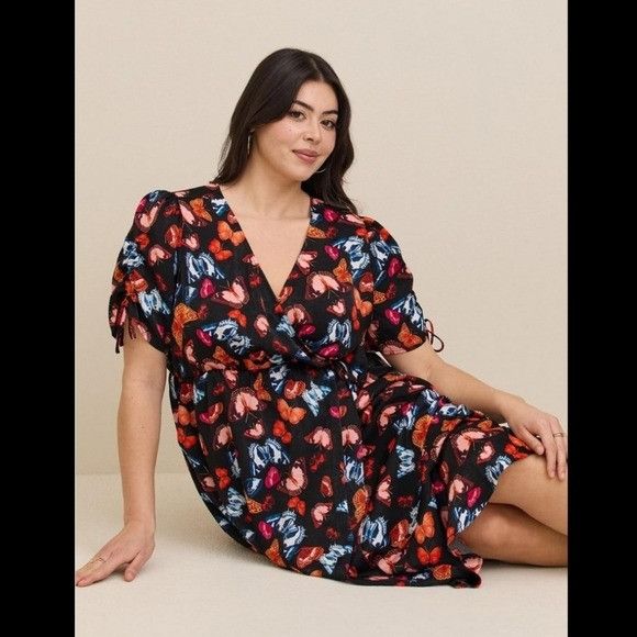 Torrid NWT TORRID Black Butterfly Midi Brushed Charmeuse Wrap Dress ...