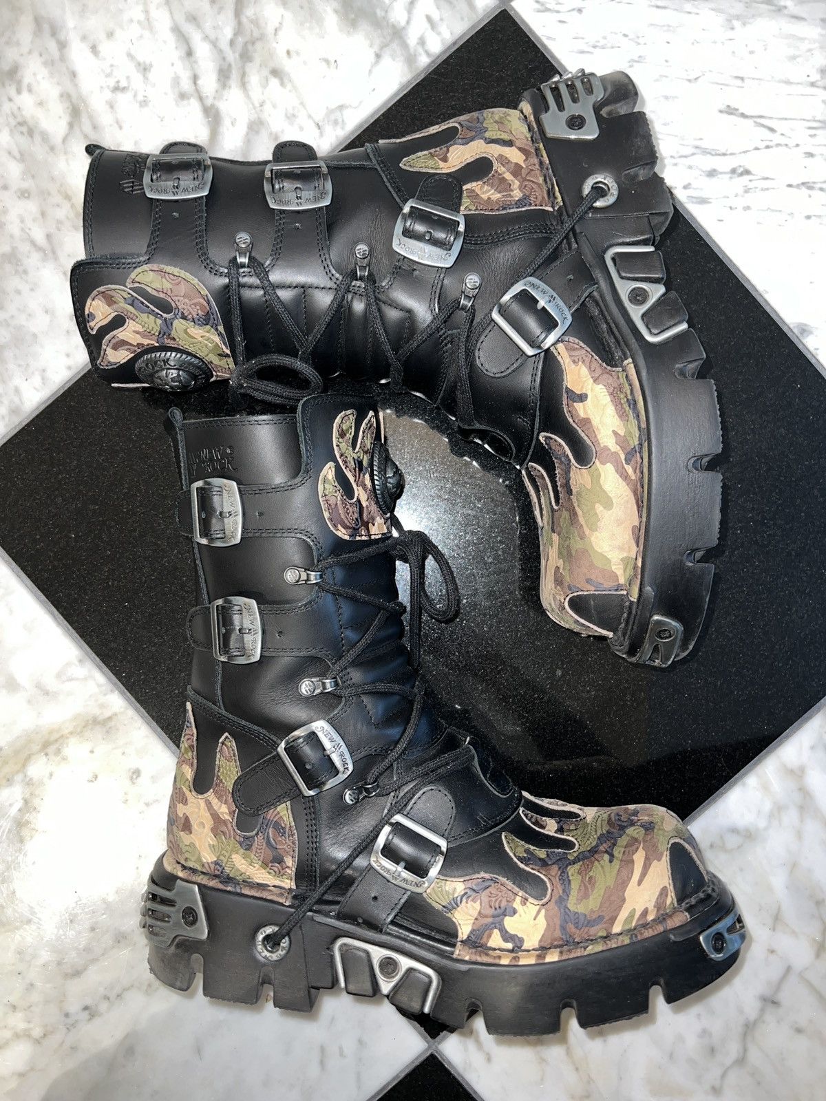 New Rock New Rock 591 S15 Camouflage Flame Black Leather Biker Boot ...