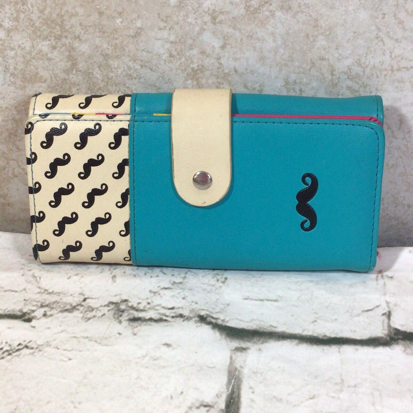 Vintage Botusi Mustache Ladies Wallet Blue Vegan Leather Folding With ...