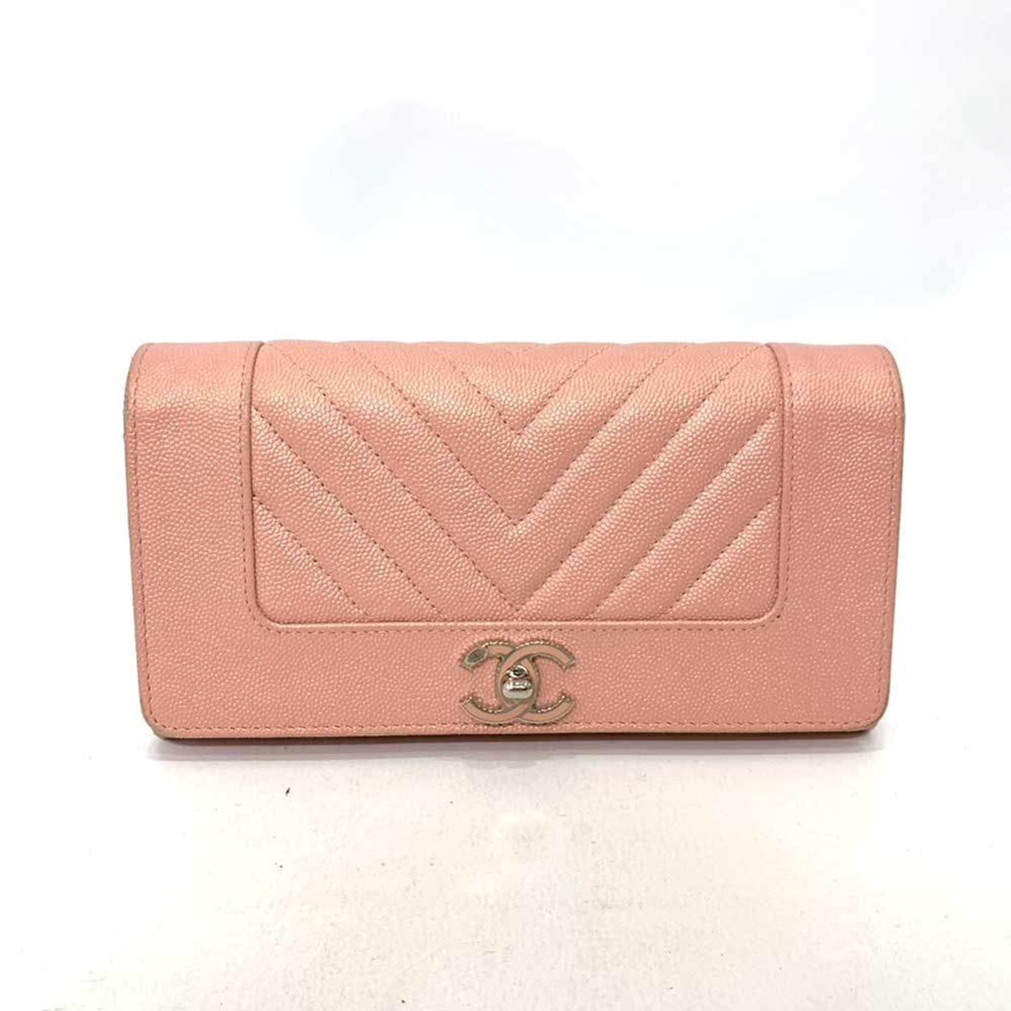 Chanel CHANEL Wallet Mademoiselle Pink Long Bifold V Stitch Quilting ...
