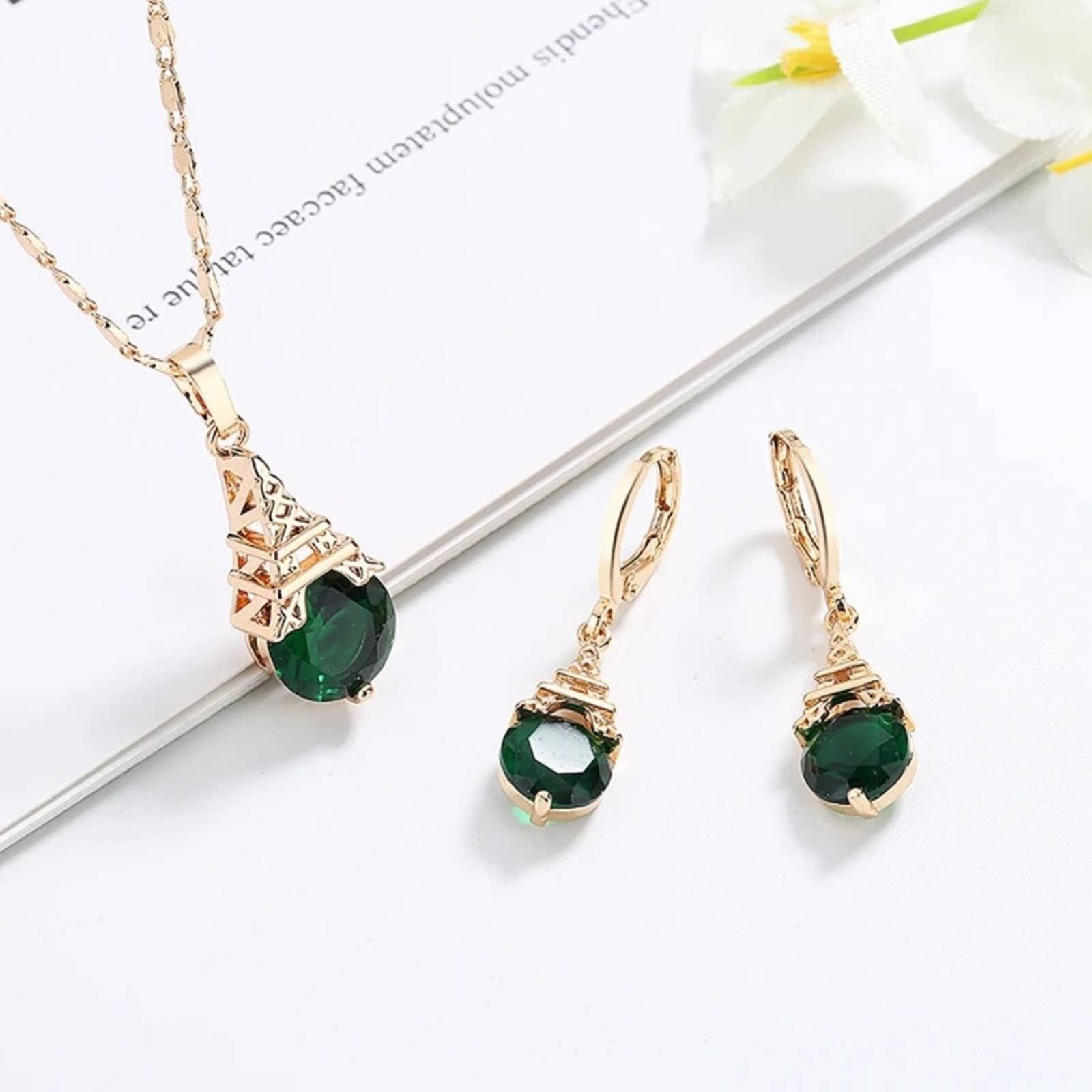Jewelry Paris Tower 18kt gold plated emerald green jewelry set | Grailed